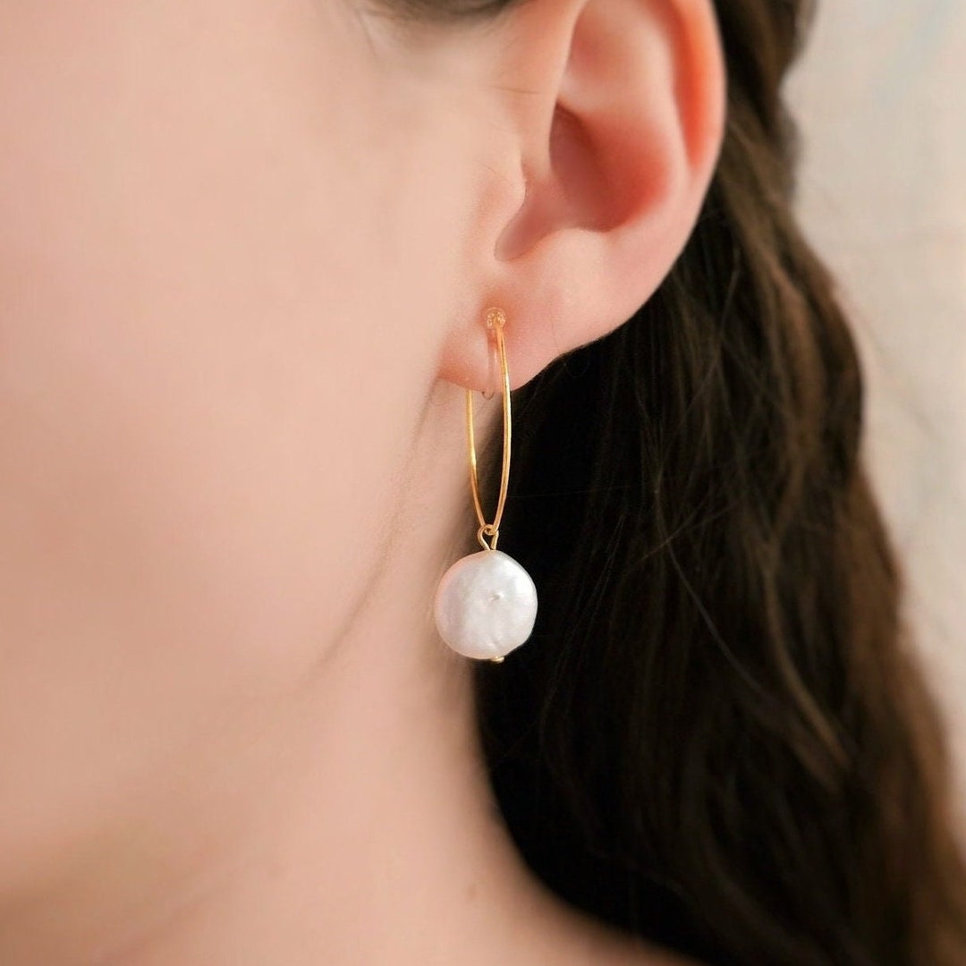 Invisible Clip on Earrings, Coin Pearl Earrings, Large Pearl Hoop ...