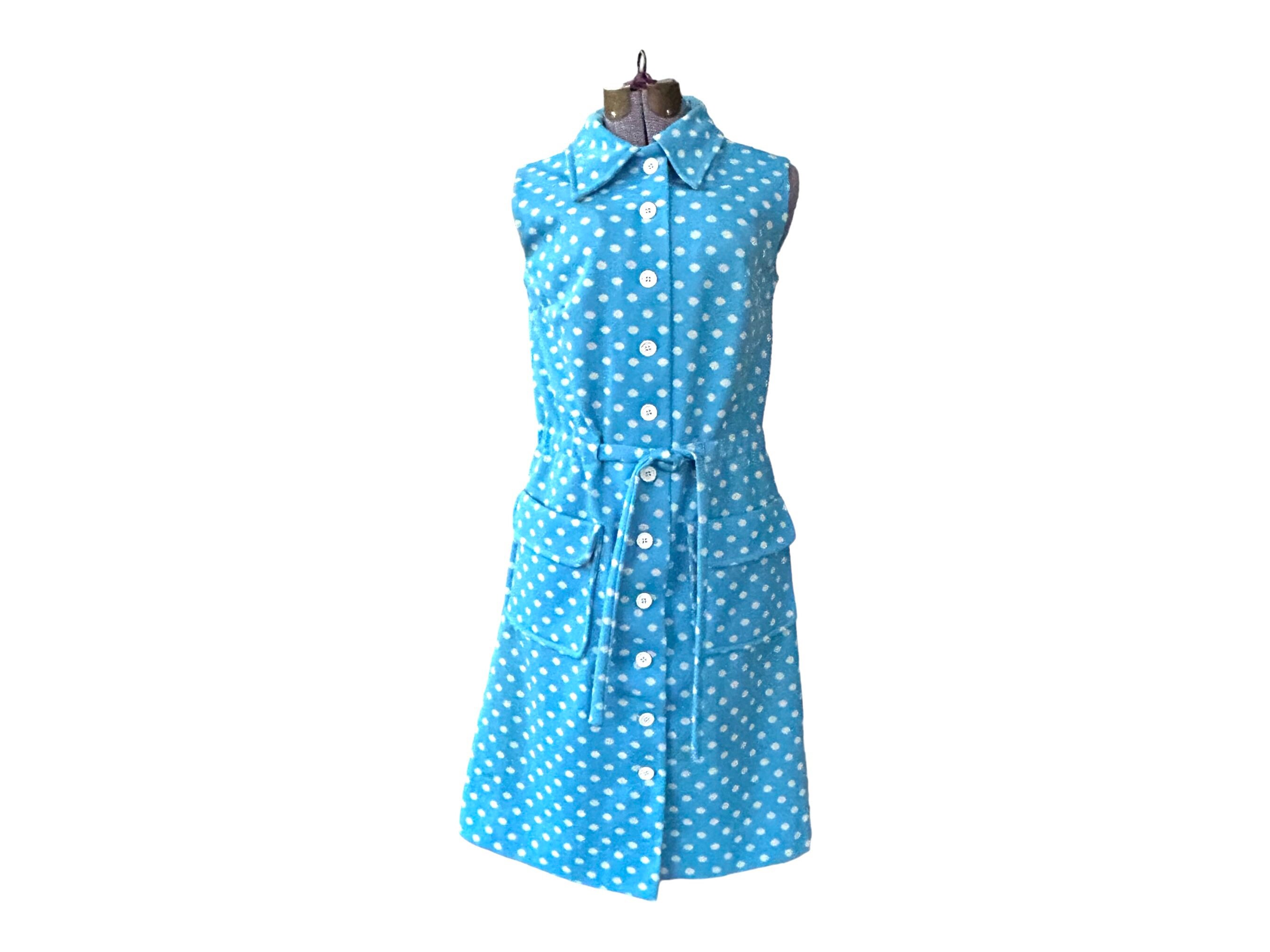 60s Blue Polka Dot Dress. Vintage Button Down With Drawstring Waist. Deep Pockets. Womens M - Etsy