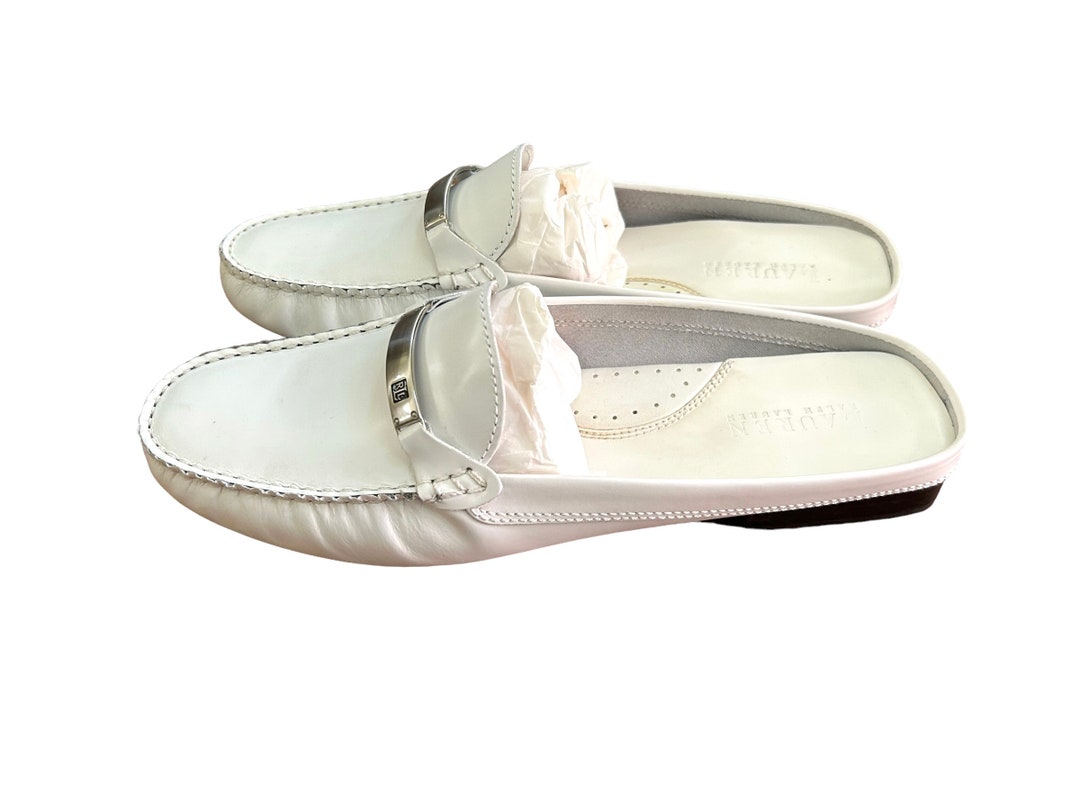 Ralph Lauren White Leather Slide. Metal RL Logo. Classic Mule Shoe ...
