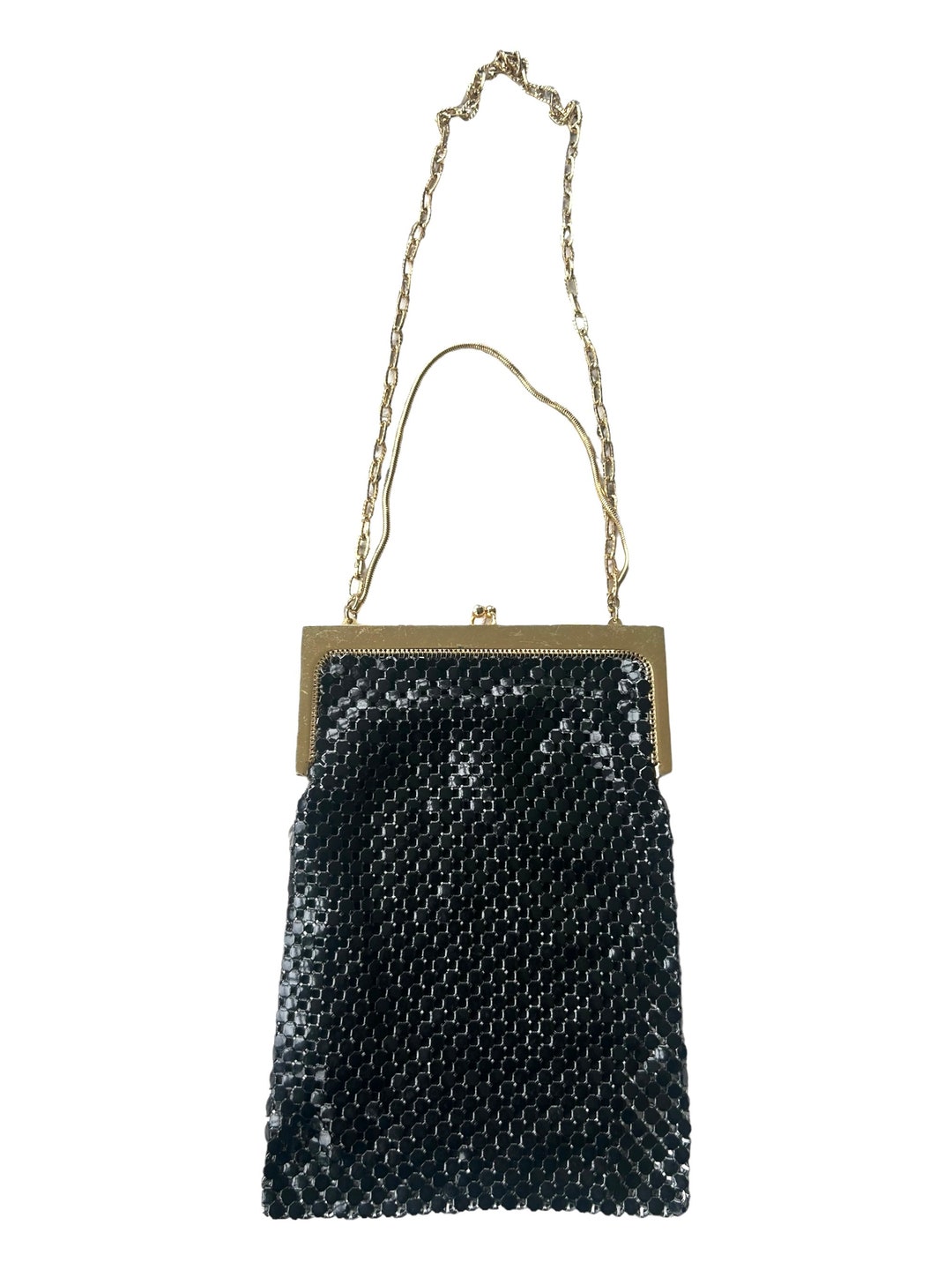 Whiting and Davis 1950s Metal Mesh Purse. Vintage Black Wristlet. Gold ...