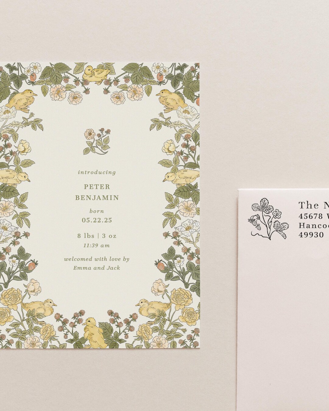 DIGITAL FILE | Newborn Announcement With Ducks, Roses, Strawberries ...