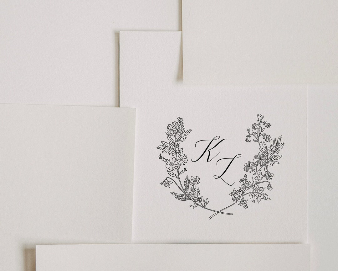 Wildflower Monogram Stamp, Custom Initials Floral Stamp, Flower Wreath ...