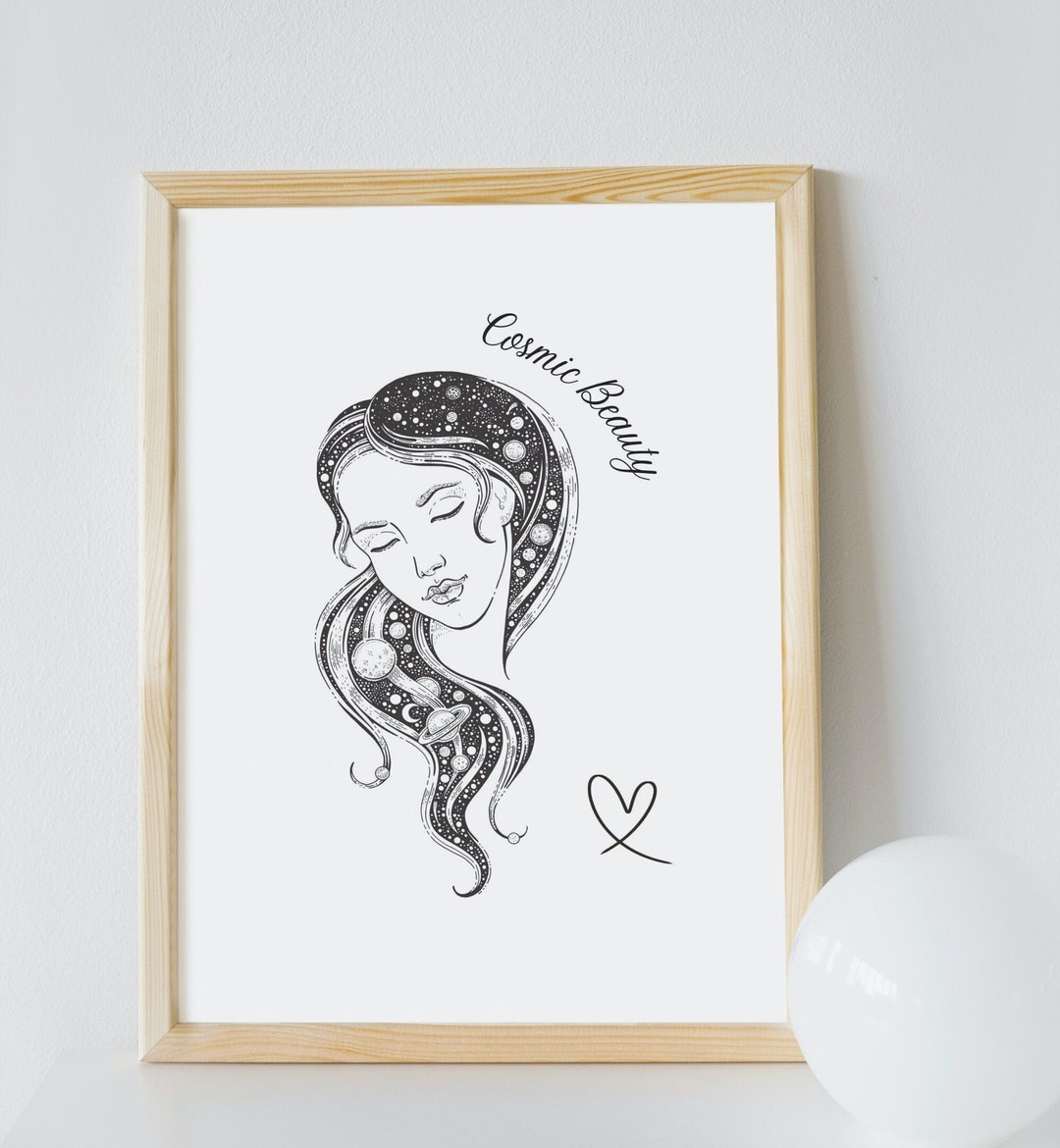 Girl Vector Print Bedroom Line Art Wall Art Monochrome Cosmic Wall ...