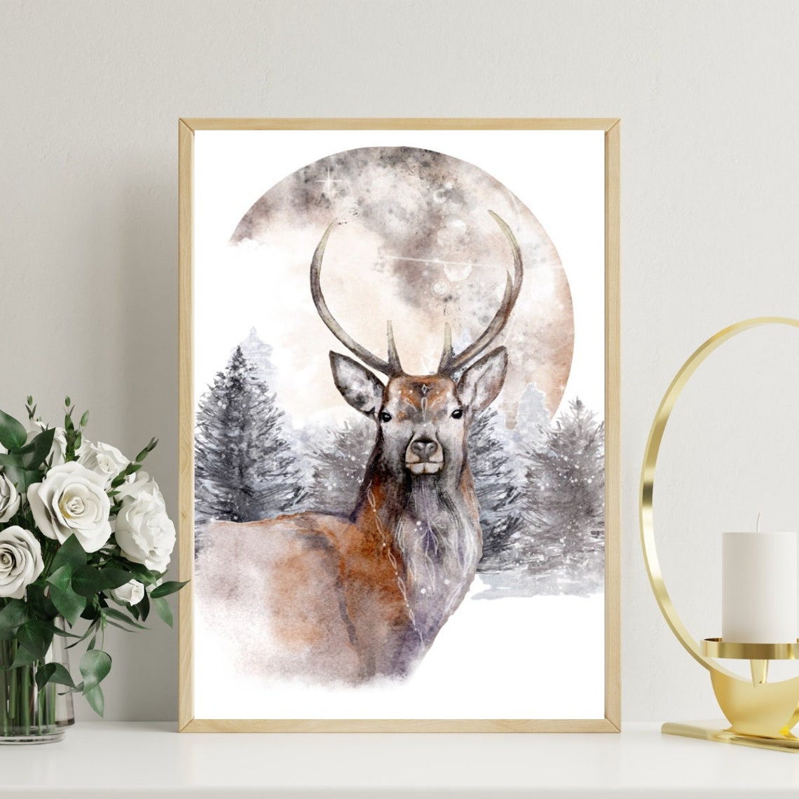 Celestial Stag and Moon Wall Art Whimsical Wall Design Rustic Stag Home ...