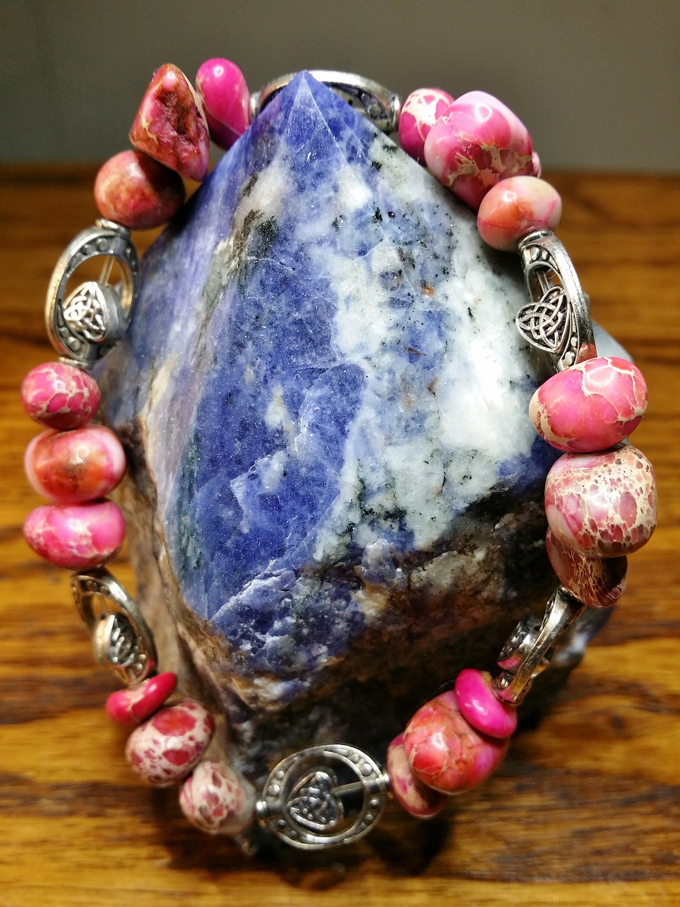 Genuine pink imperial jasper gemstone bracelet with silver plated ...