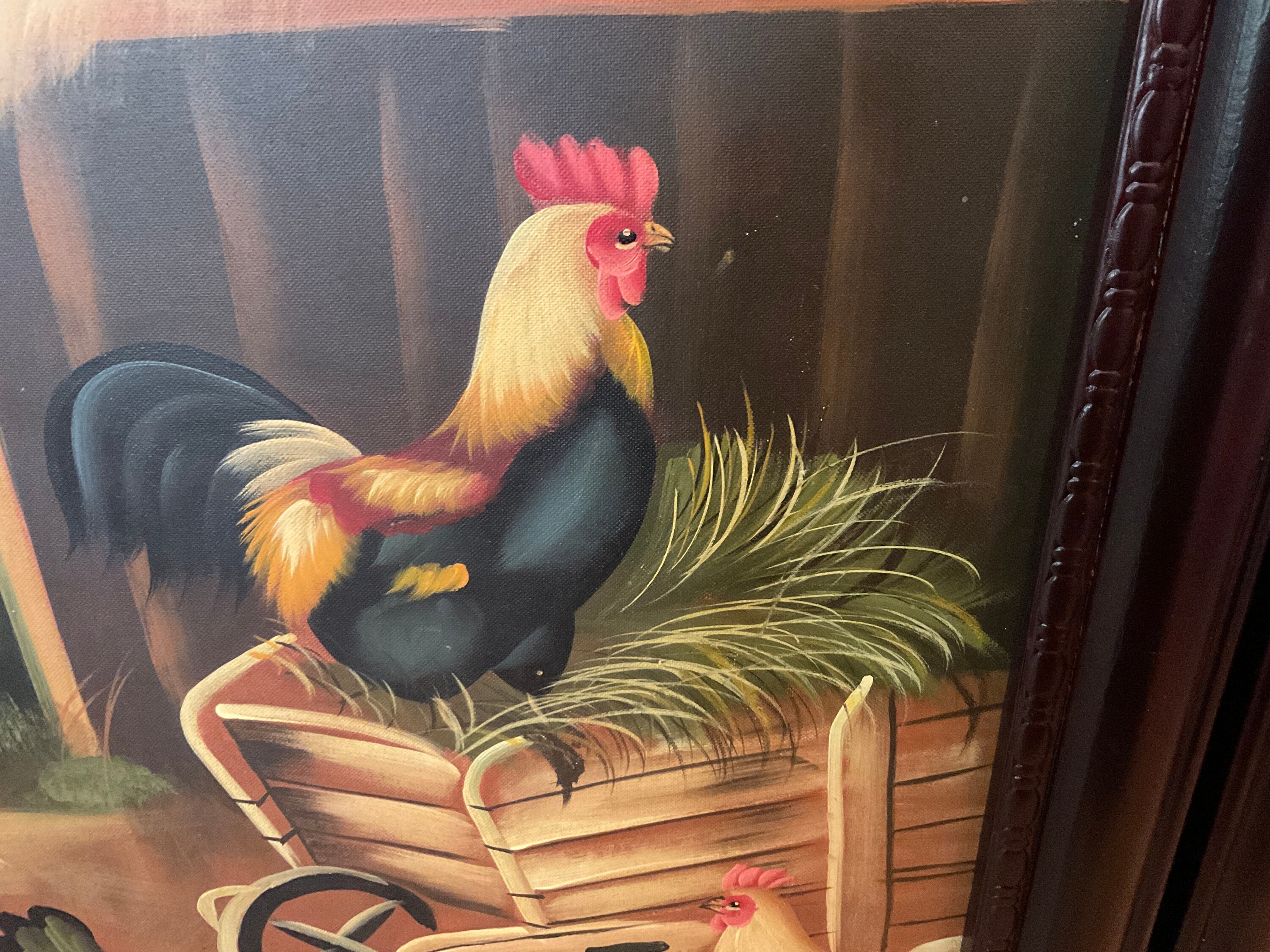 Rustic , Vintage Oil Paintings , Colorful Rooster and Chickens With ...