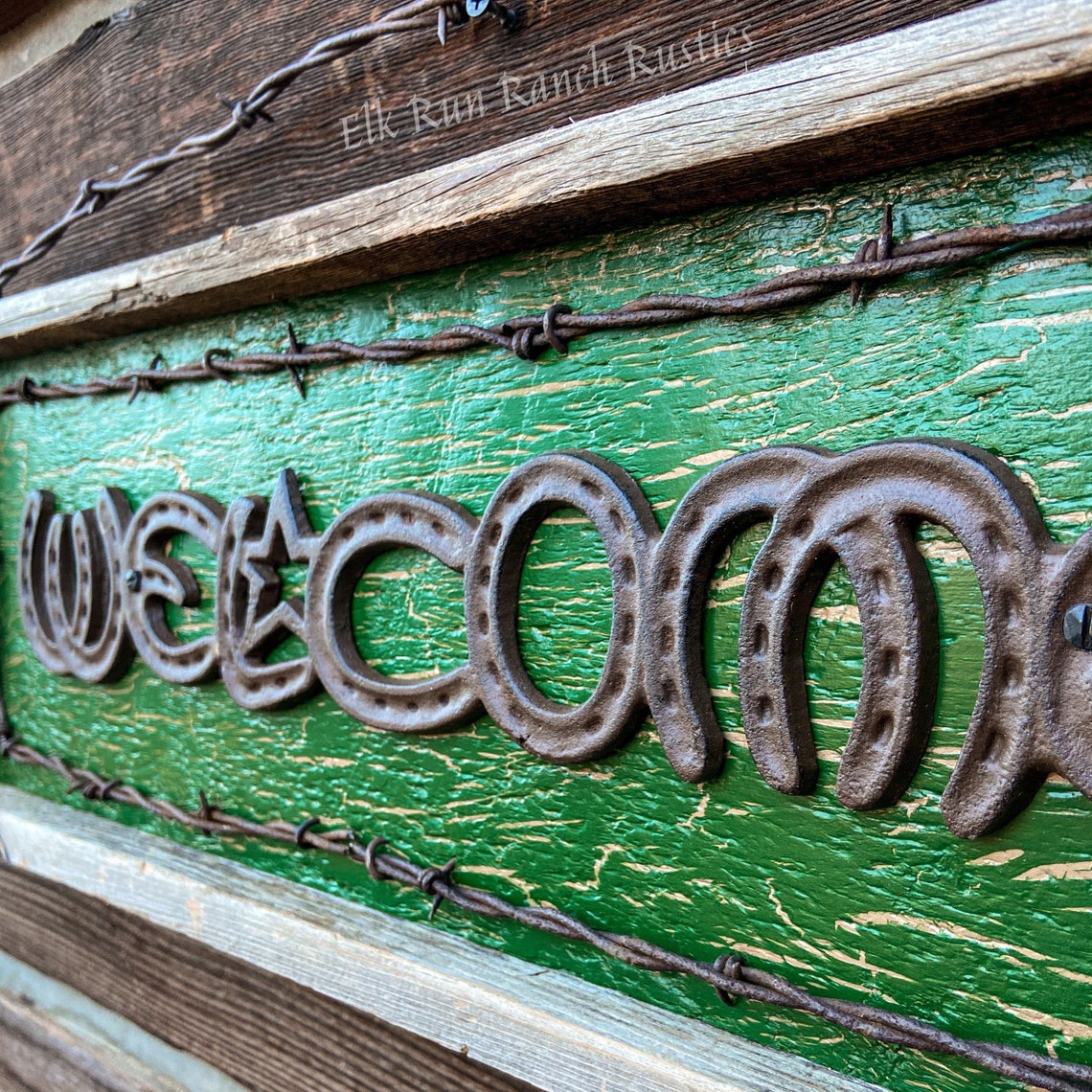 Green Rustic Western Welcome Sign, Horseshoe Sign, Welcome Sign ...