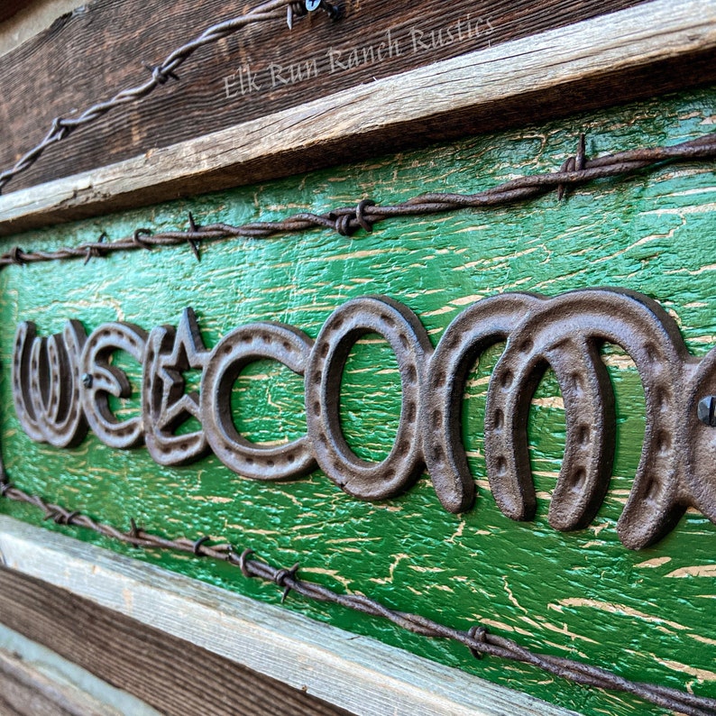Green Rustic Western Welcome Sign, Horseshoe Sign, Welcome Sign ...