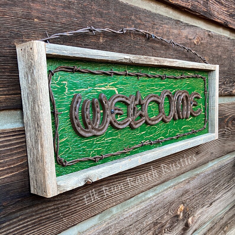 Green Rustic Western Welcome Sign, Horseshoe Sign, Welcome Sign ...