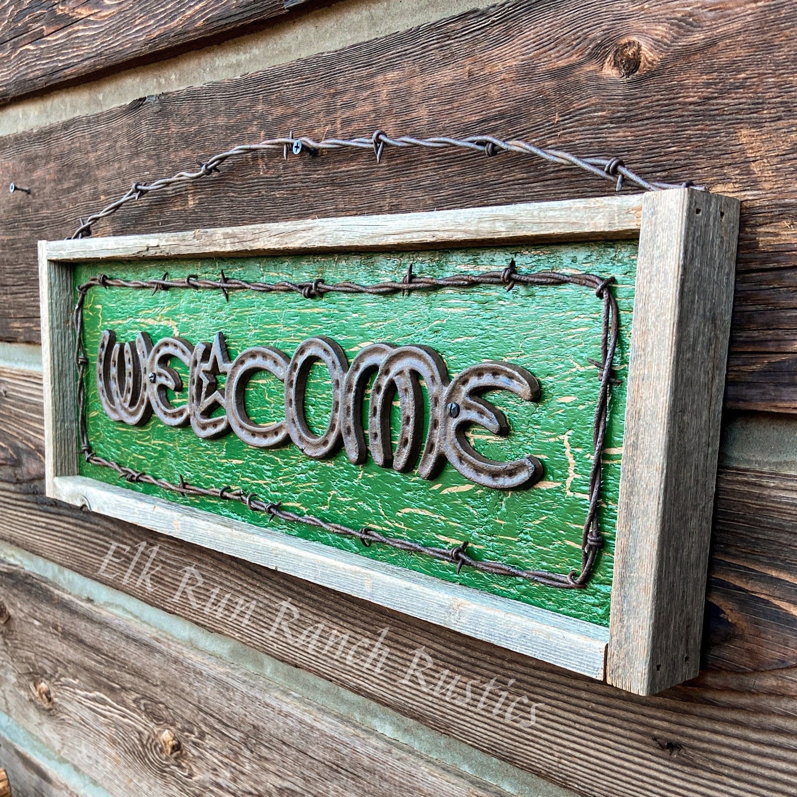 Green Rustic Western Welcome Sign, Horseshoe Sign, Welcome Sign ...