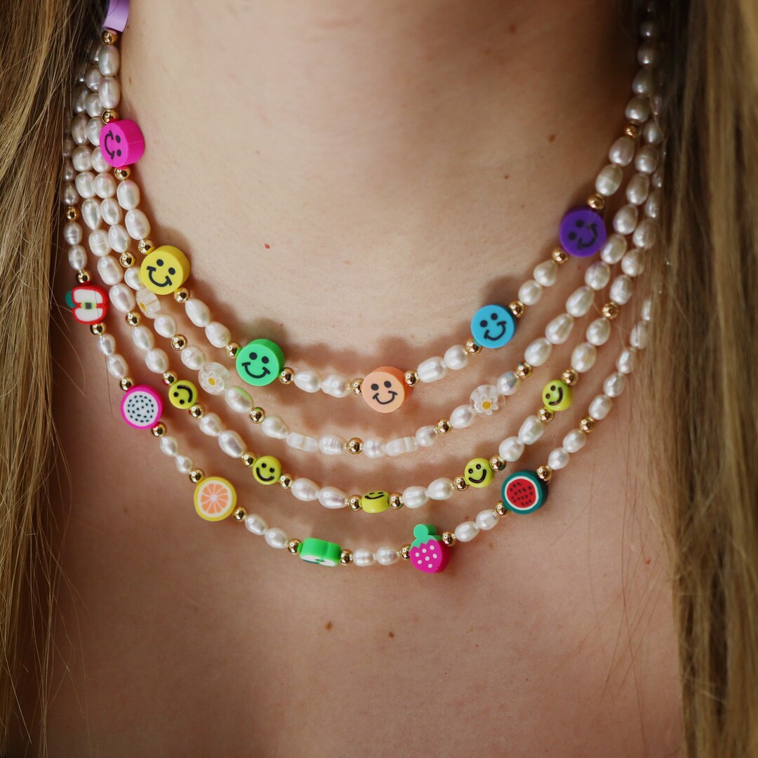 Colorful Beaded Necklace,fun Smiley Bead,beach Necklace,summer Necklace ...