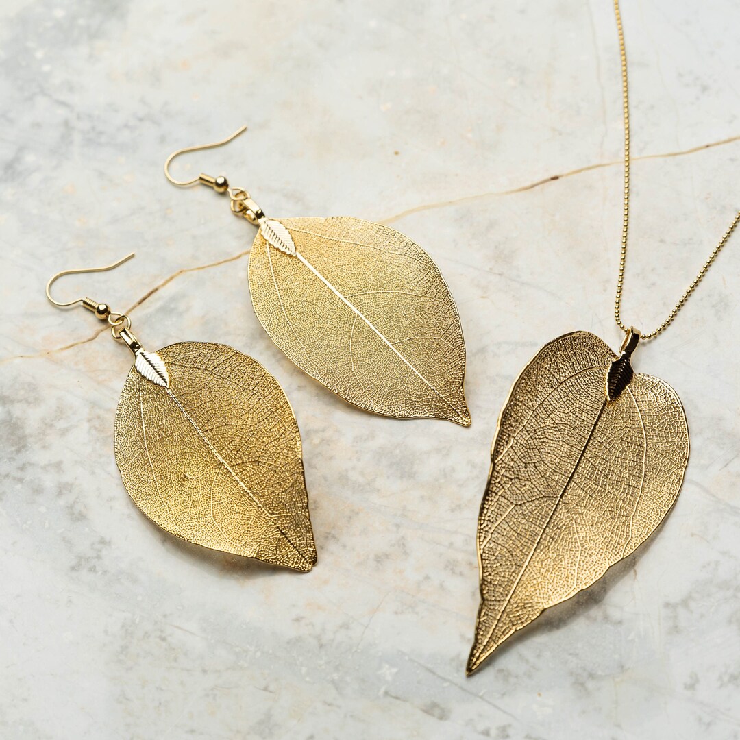 Real Gold Leaf Set,earrings and Necklace,natural Leaf Jewelry,elegant ...