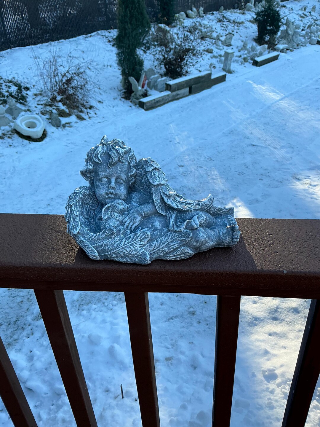 Angel Laying Garden Statue, Cement Boy With Bunny Angel, Outdoor Indoor ...