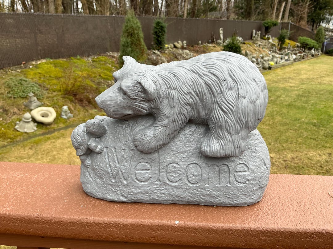 Welcome Bear Concrete Statue, Garden Decor, Cement Bear, Turtle, Garden ...