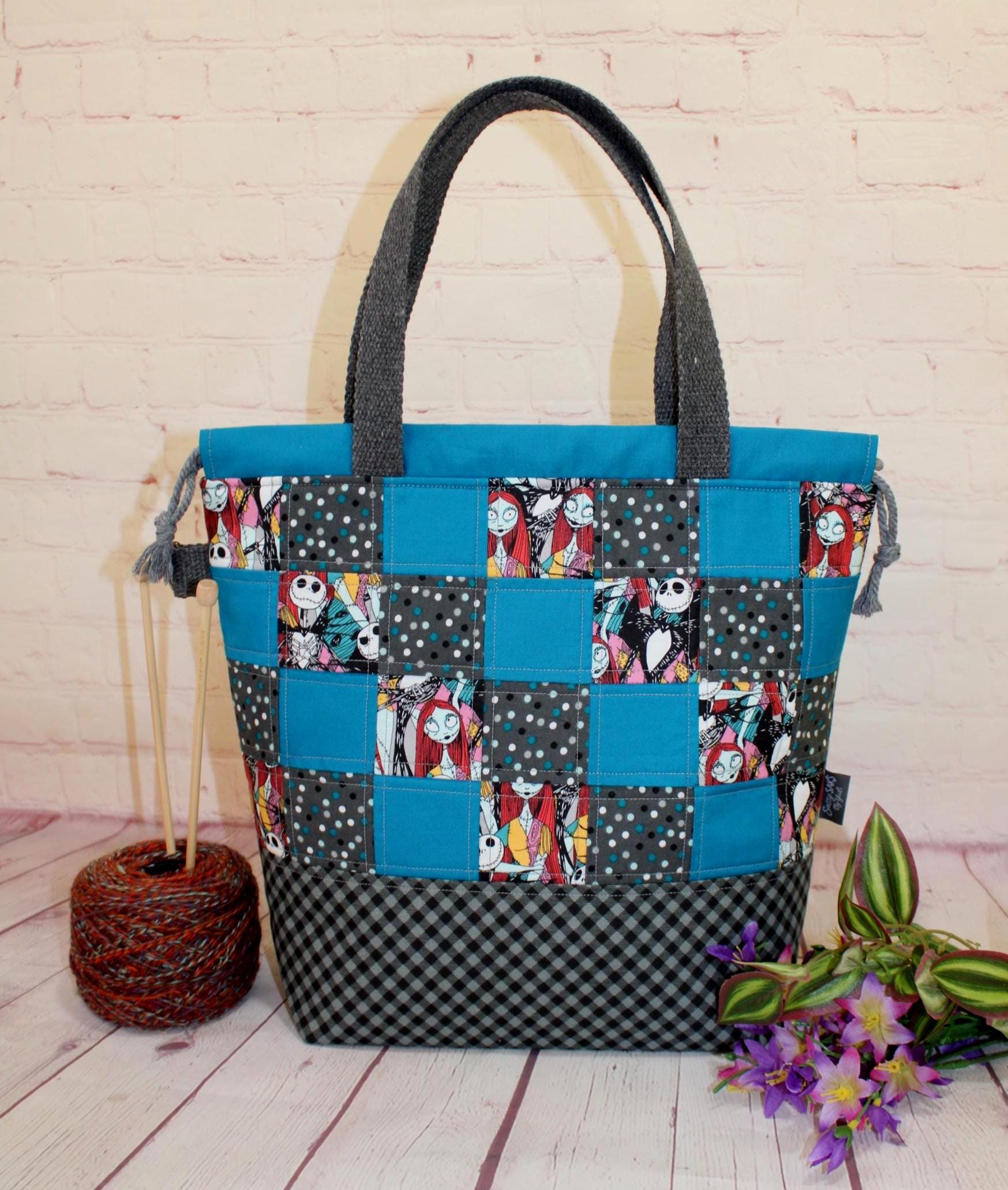 Jack and Sally Large Patchwork Tote Project Bag Knitting Project Bag ...