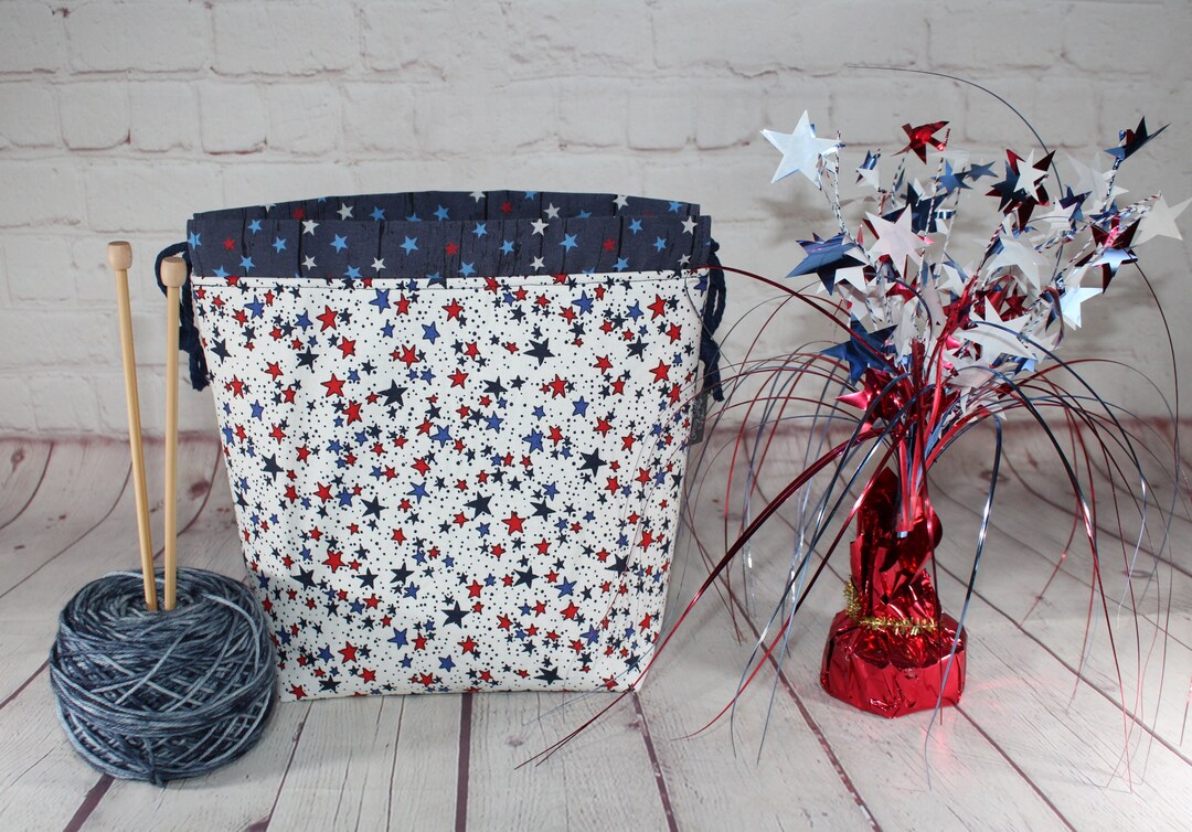 White Patriotic Stars Small Project Bag Sock Size Knitting Project Bag ...
