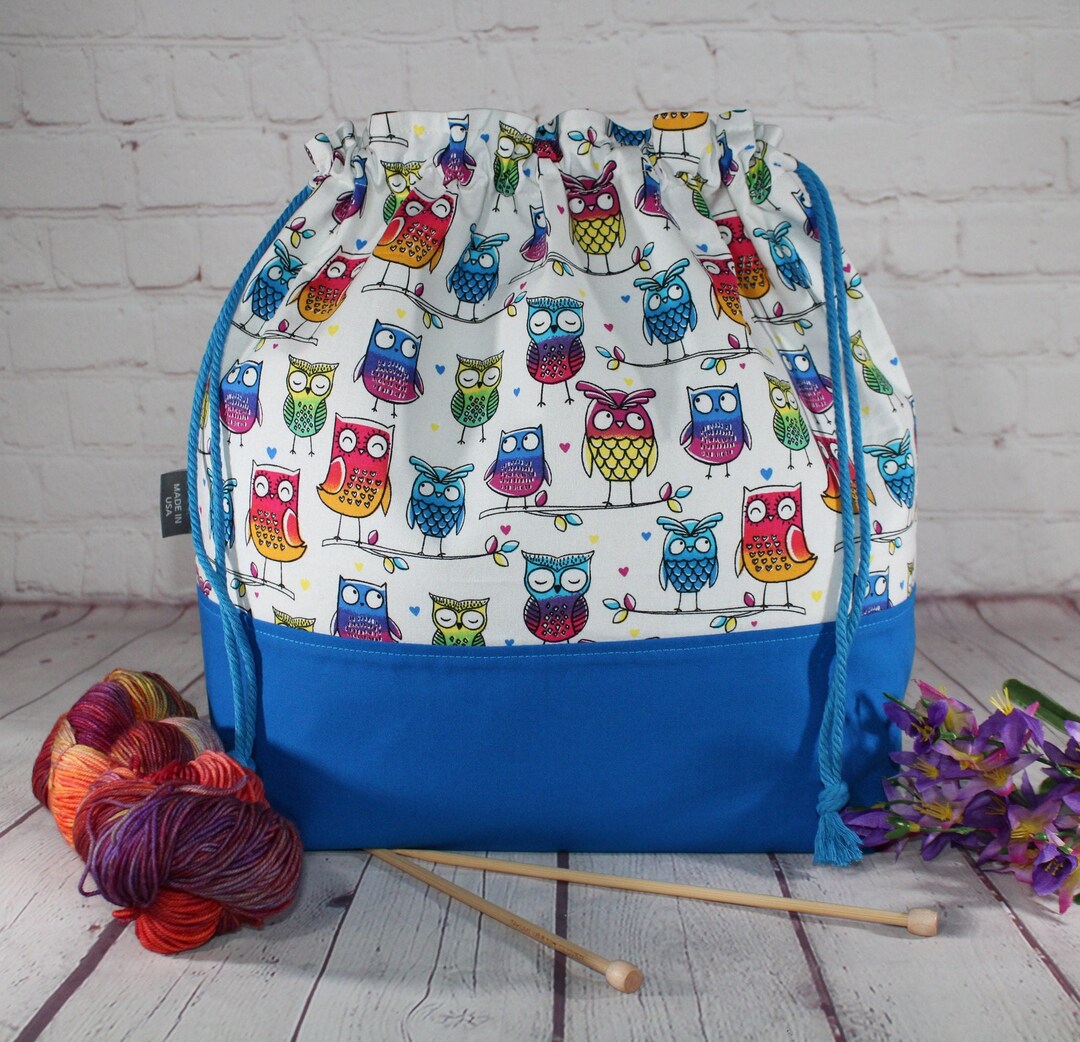 Blue Owls Drawstring Project Bag XL Large Knitting Project Bag Medium ...