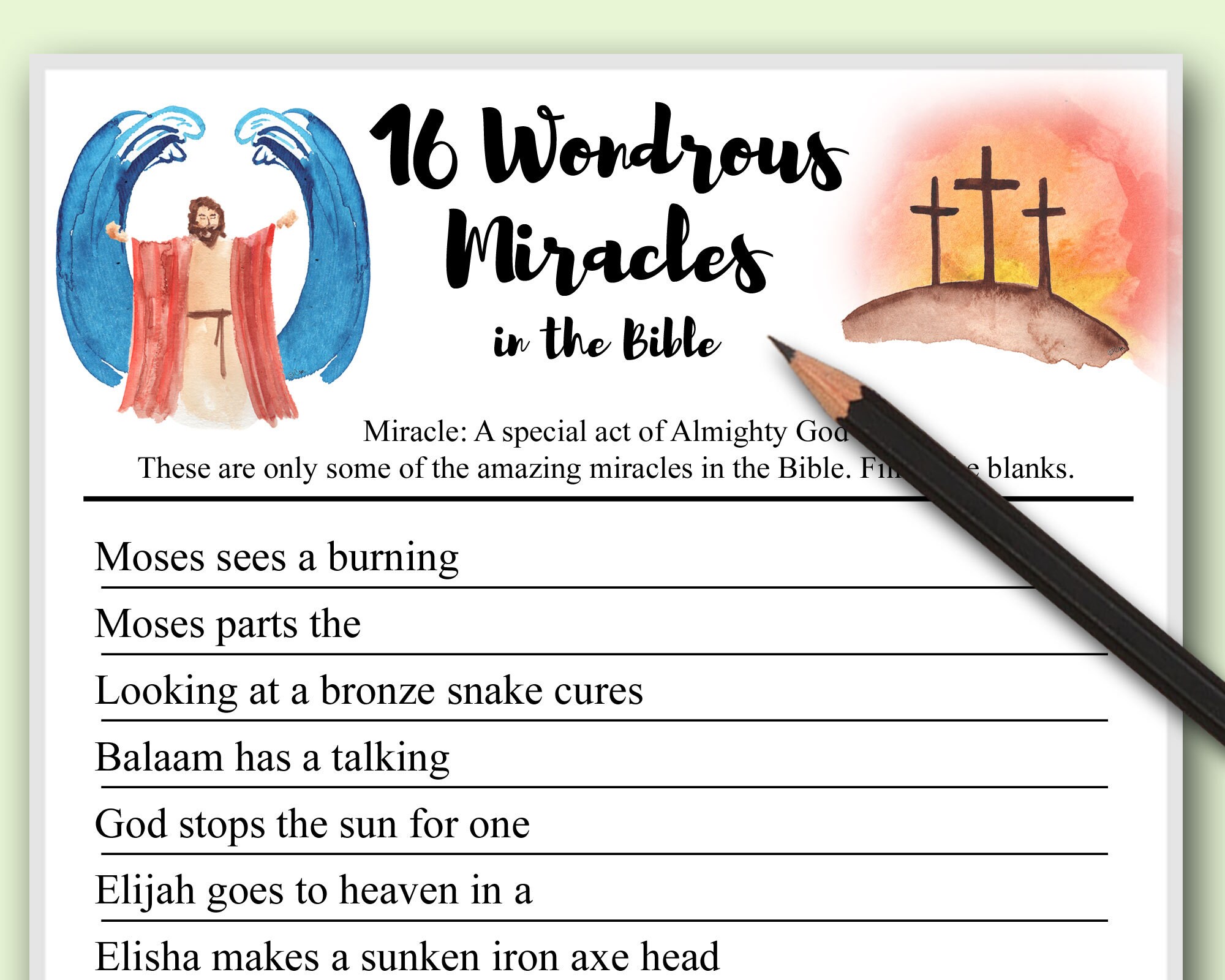 Bible Miracles Game Cute Original Watercolor Print Sunday School Home ...