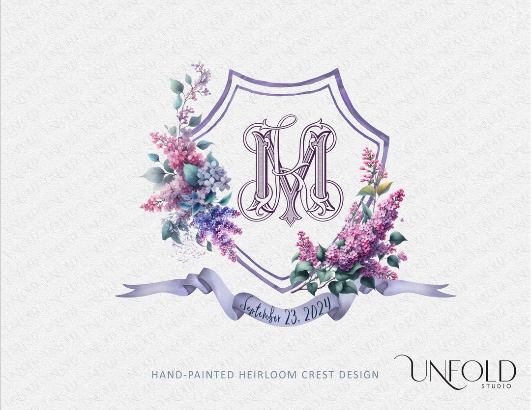 Lilac Themed Crest With Flowers - Watercolor Crest, Purple Color Crest ...