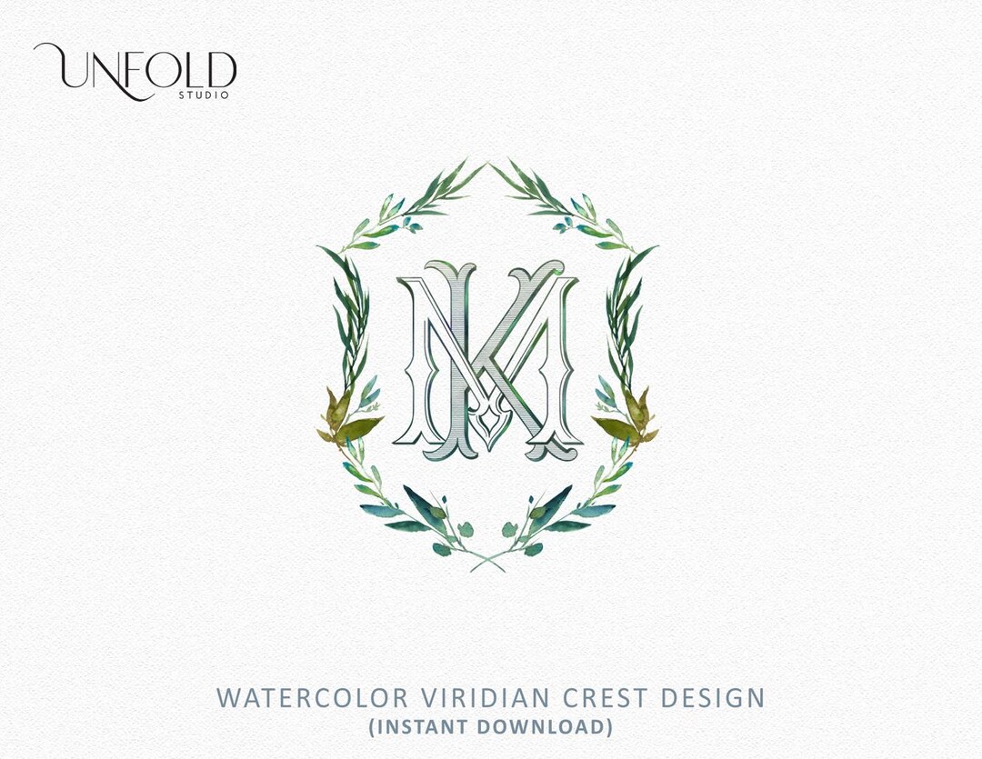 M and K Initials, Watercolor Viridian Crest Design, Leafy Crest, Two ...
