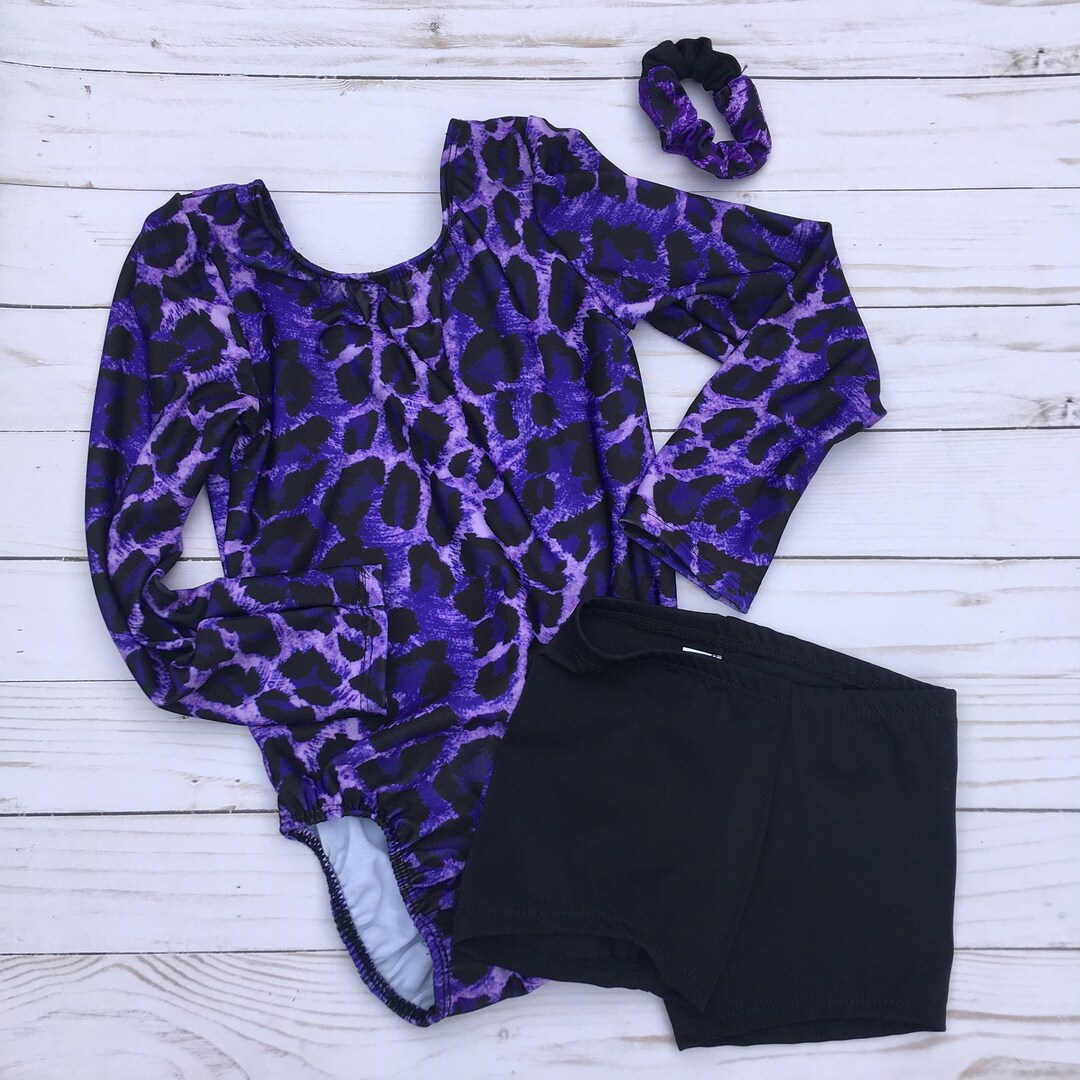 Long Sleeve Gymnastics Leotard, Purple Leopard Dance Set, Girls Leotard ...