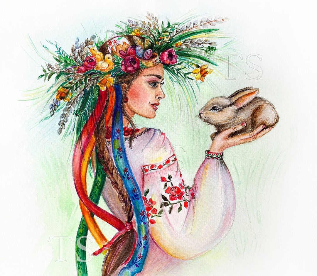 Easter Painting, Digital Wall Art, Girl and Bunny, Flower Girl Art - Etsy