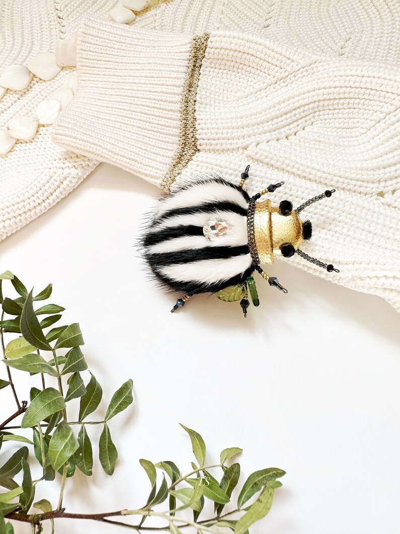 Striped Fur Bug Brooch: Black & White Beetle Jewelry - Etsy