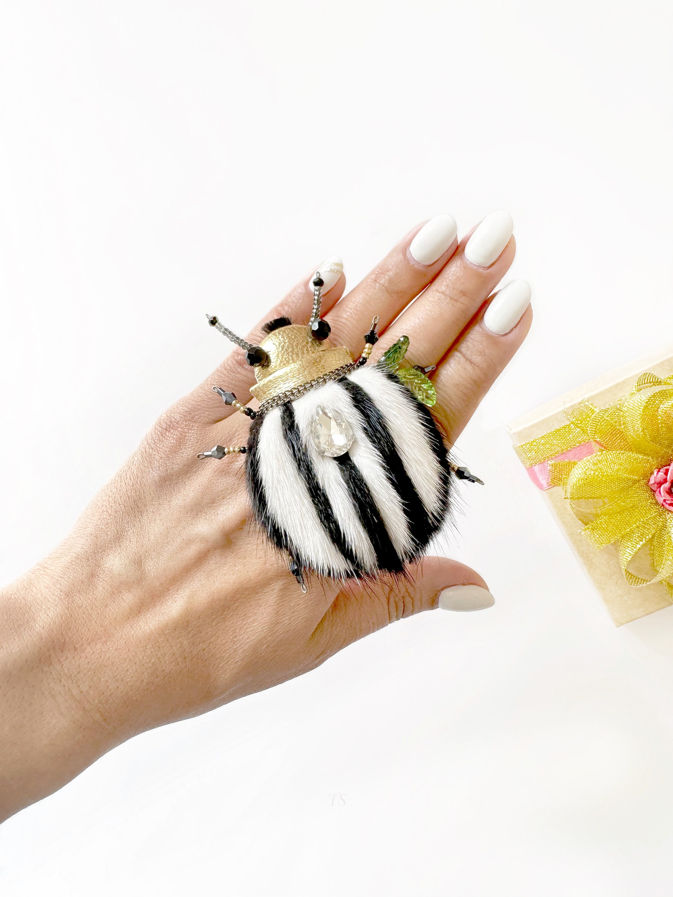 Striped Fur Bug Brooch: Black & White Beetle Jewelry - Etsy