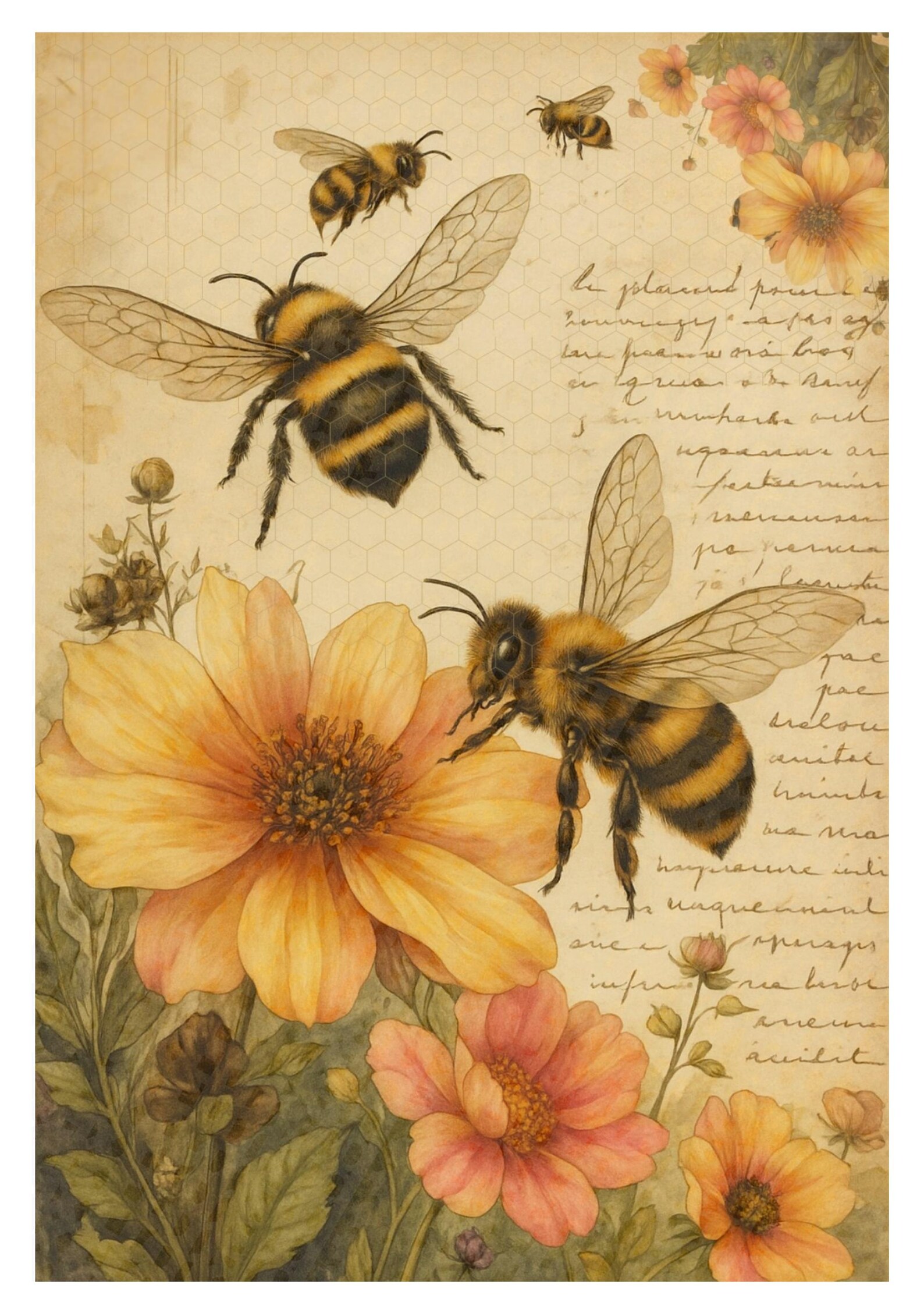 Bee Floral Rice Paper for Decoupage, Vintage Honey Bee Botanical ...