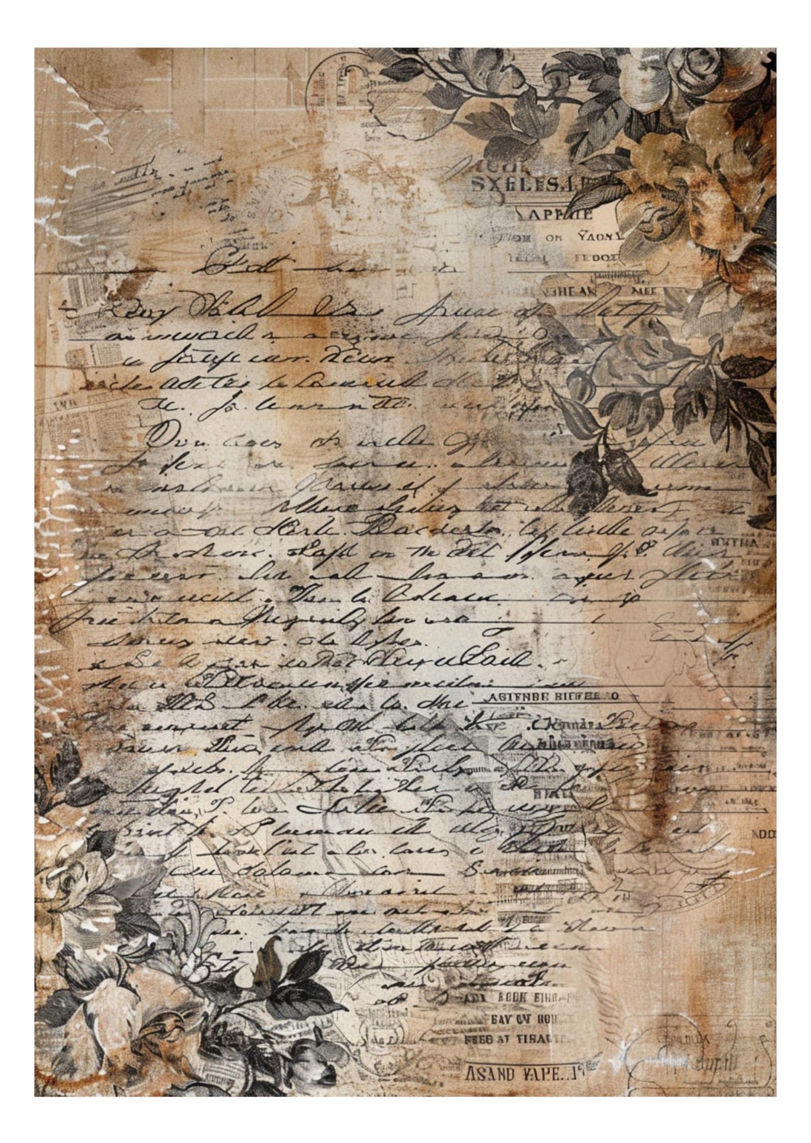 Vintage Script Rice Paper Sepia Floral Ephemera for Decoupage - Etsy