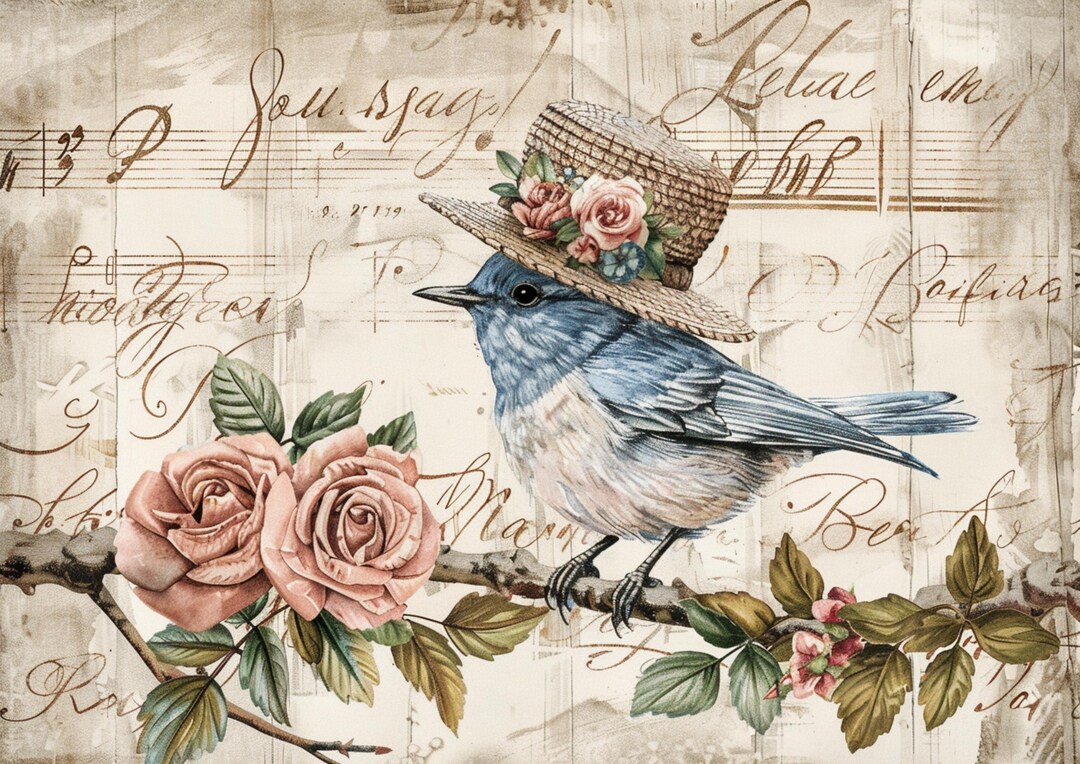 Whimsical Bird Rice Paper for Decoupage Sheet Bluebird Roses Vintage ...