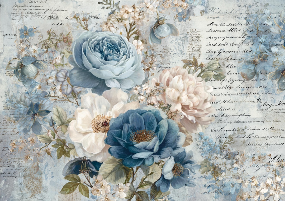 Vintage Blue Floral Rice Paper: A3 Decoupage Sheet With Peonies & Roses ...