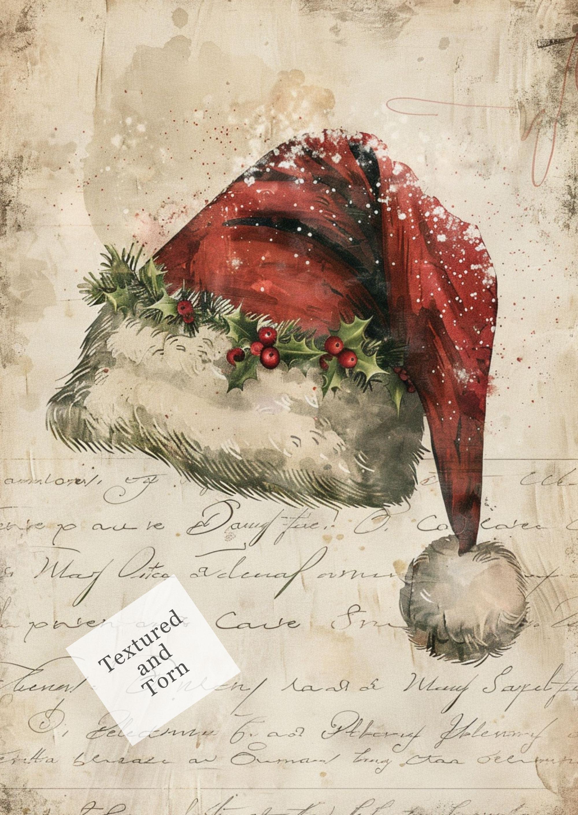 Santa Hat Rice Paper for Decoupage, Christmas Vintage Script A4 Sheet ...