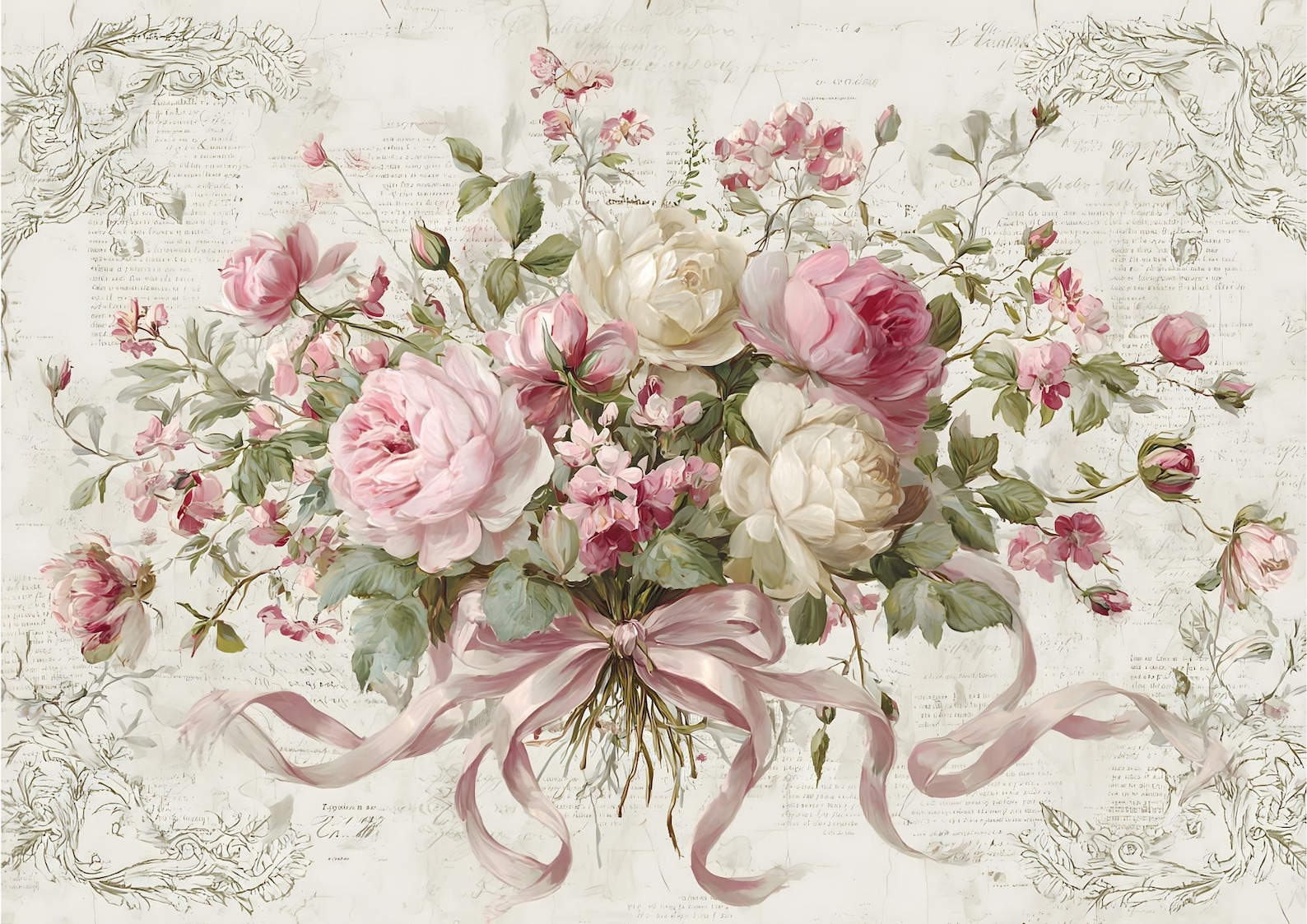Peony Bouquet Rice Paper, Vintage Floral French Script, Decoupage A3 ...