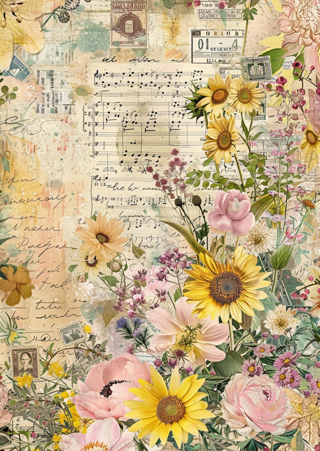 Sunflower Rice Paper Vintage Ephemera Music Sheet Roses Floral Collage ...