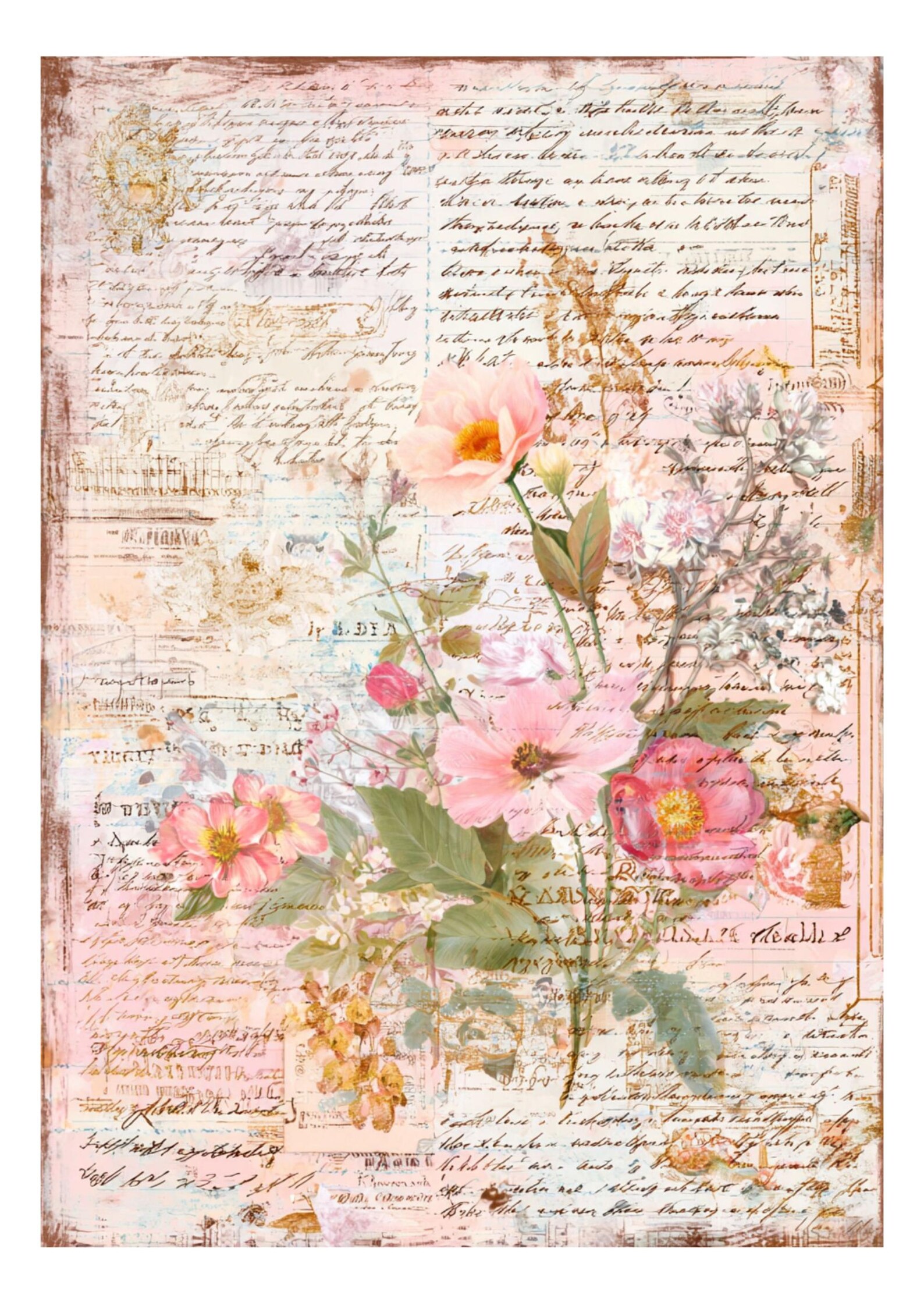 Vintage Floral Rice Paper for Decoupage, Pink Floral Script A4 Sheet - Etsy