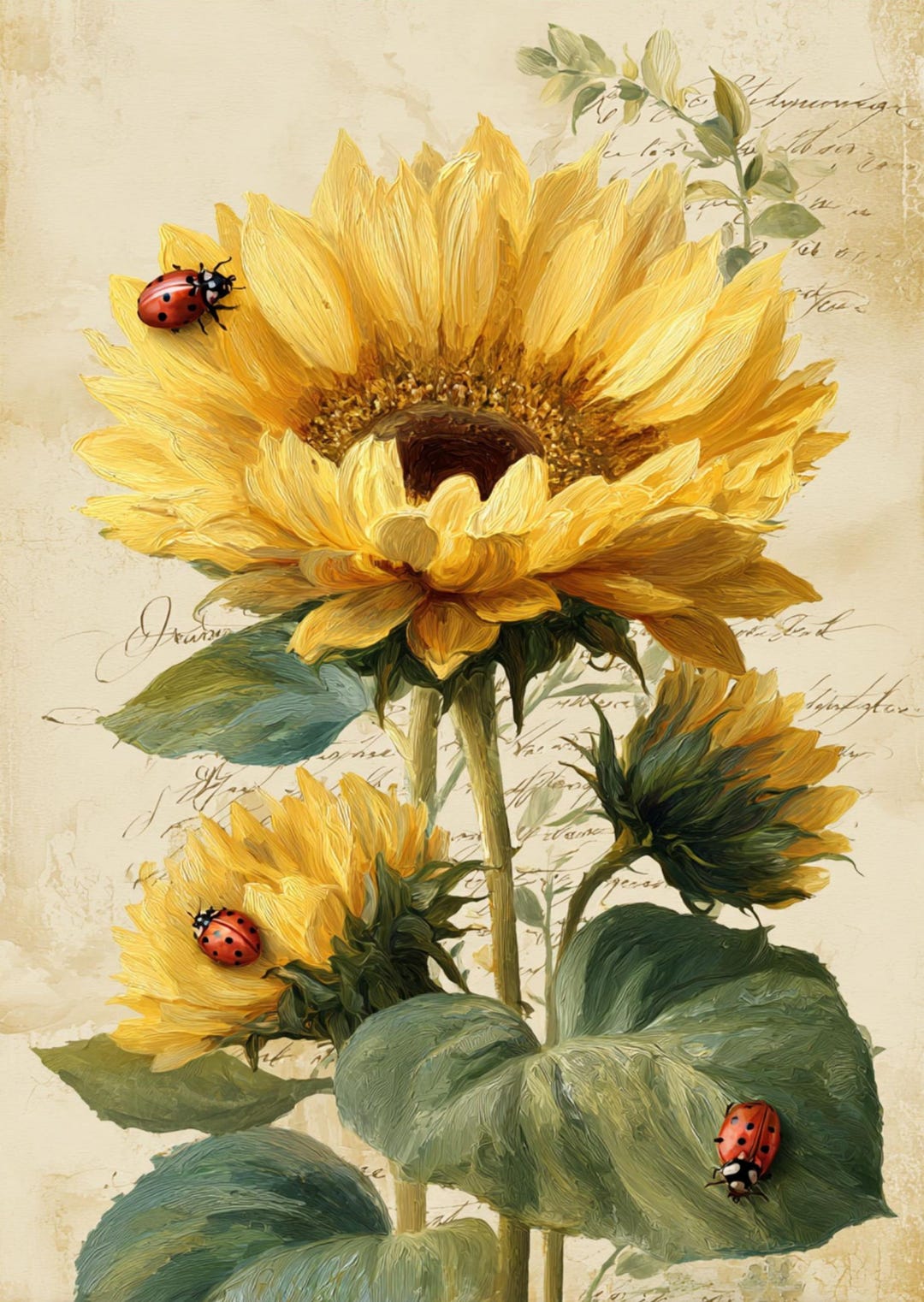 Sunflower Rice Paper Sheet: Vintage Ladybugs, Script, Botanical ...