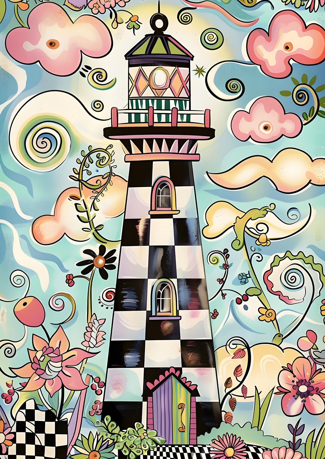 Whimsical Lighthouse Rice Paper for Decoupage, Checkerboard Coastal Art ...