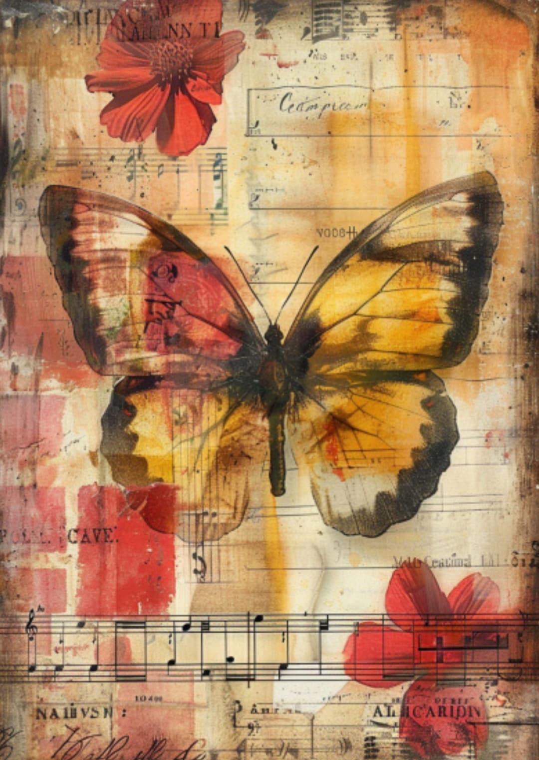 Butterfly Collage Rice Paper: Vintage Ephemera, Terracotta Grunge A4 - Etsy