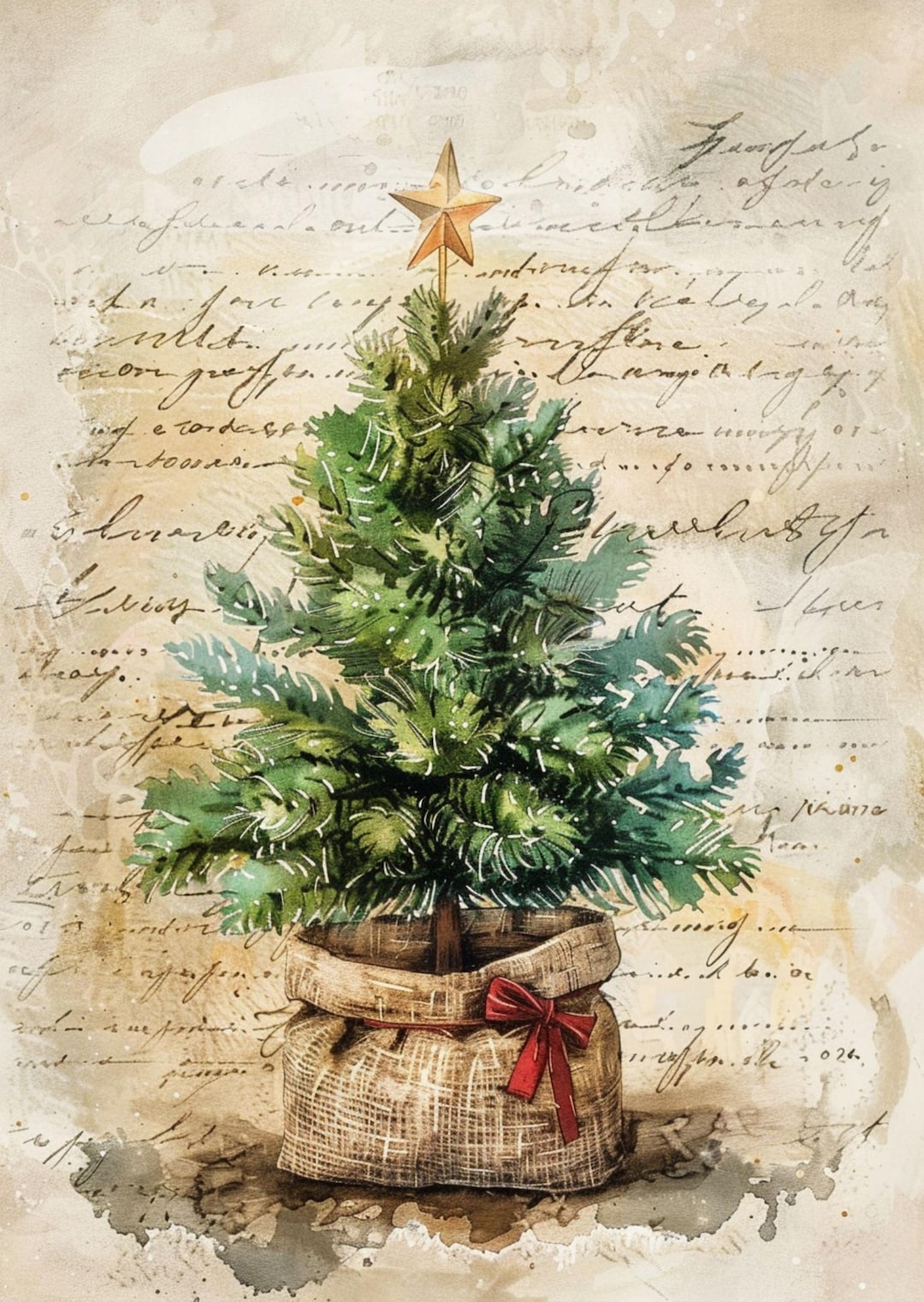 Christmas Tree Rice Paper: Vintage Script Burlap Sack - Decoupage ...