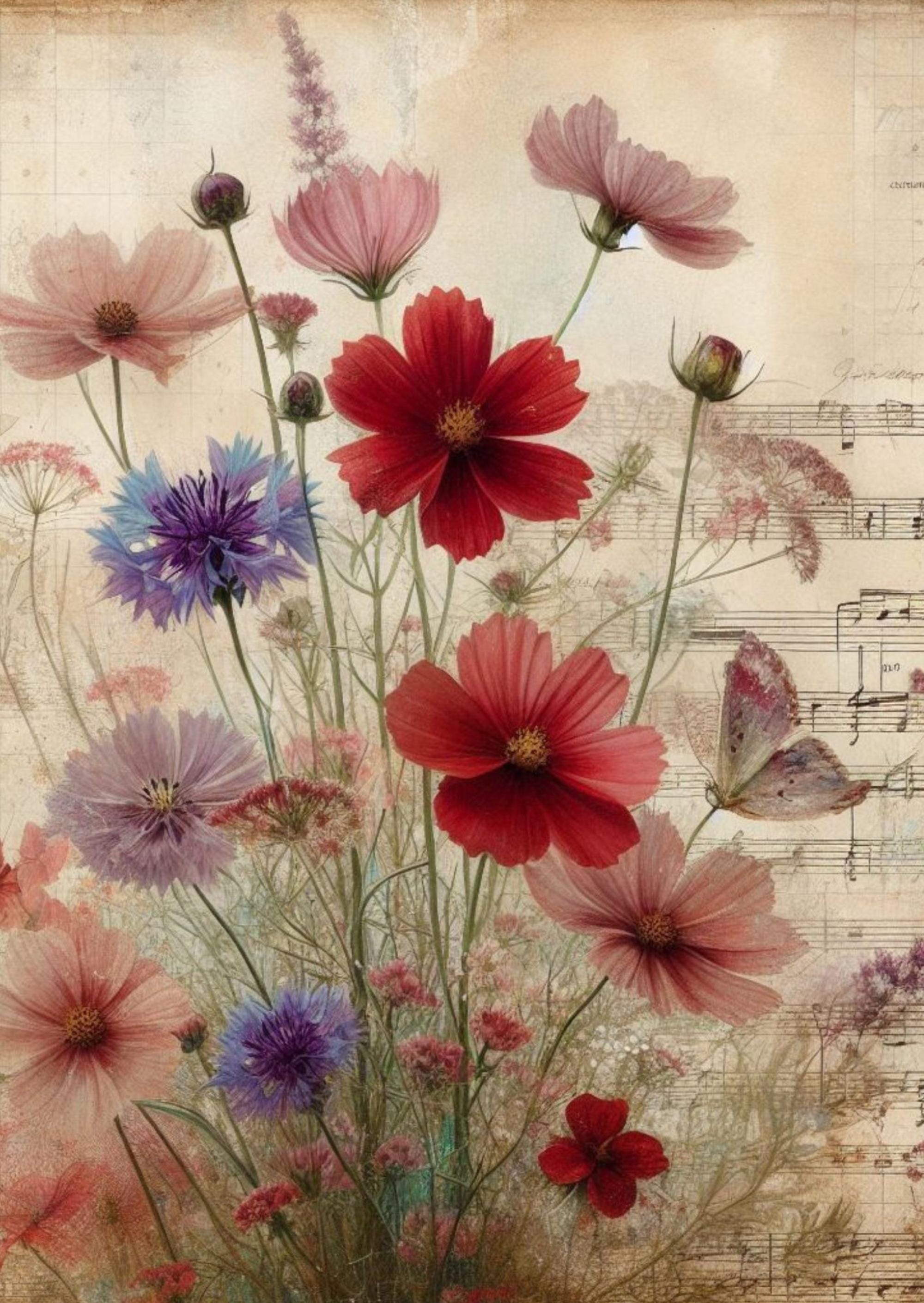 Vintage Floral Rice Paper: Cosmos & Wildflower Ephemera for Decoupage ...
