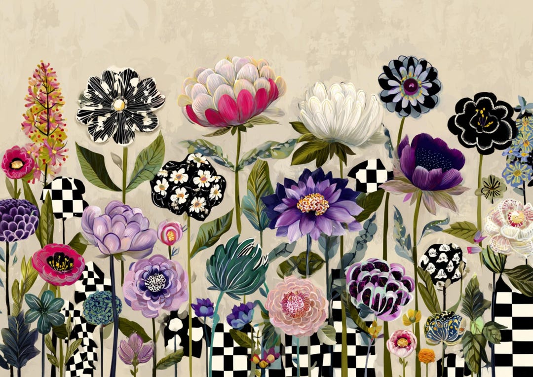 Whimsical Floral Garden Rice Paper Black-and-white Checks, A3 Landscape ...