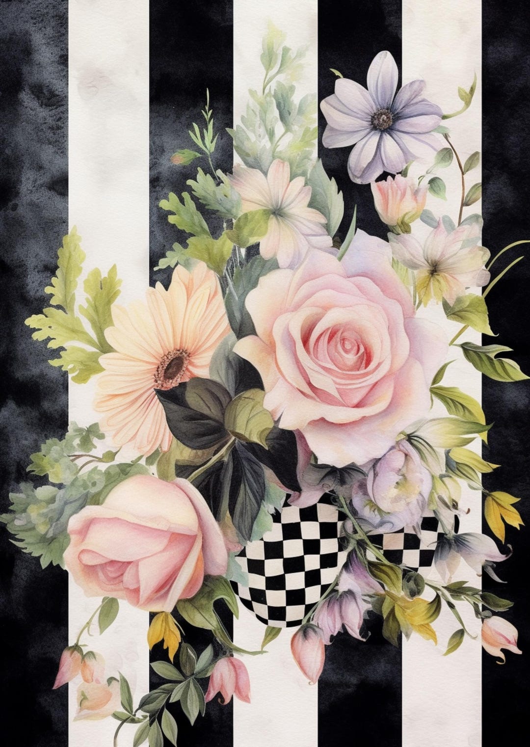 Black Stripe Floral Rice Paper for Decoupage, Pink Rose Bouquet Sheet ...