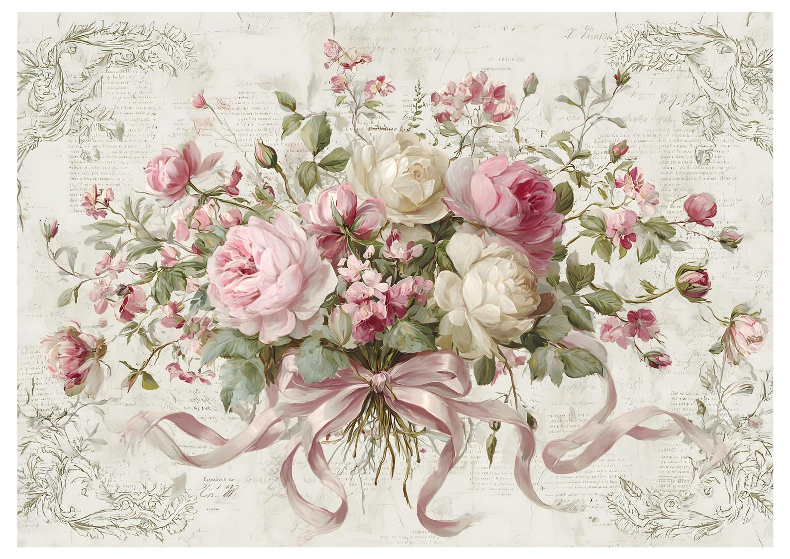 Peony Bouquet Rice Paper, Vintage Floral French Script, Decoupage A3 ...