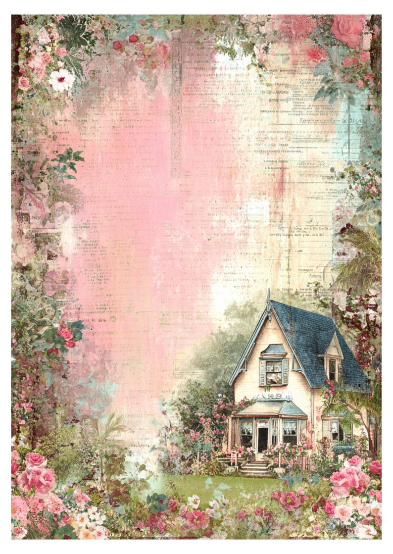 Cottagecore Rice Paper Pink House Floral Garden for Decoupage ...