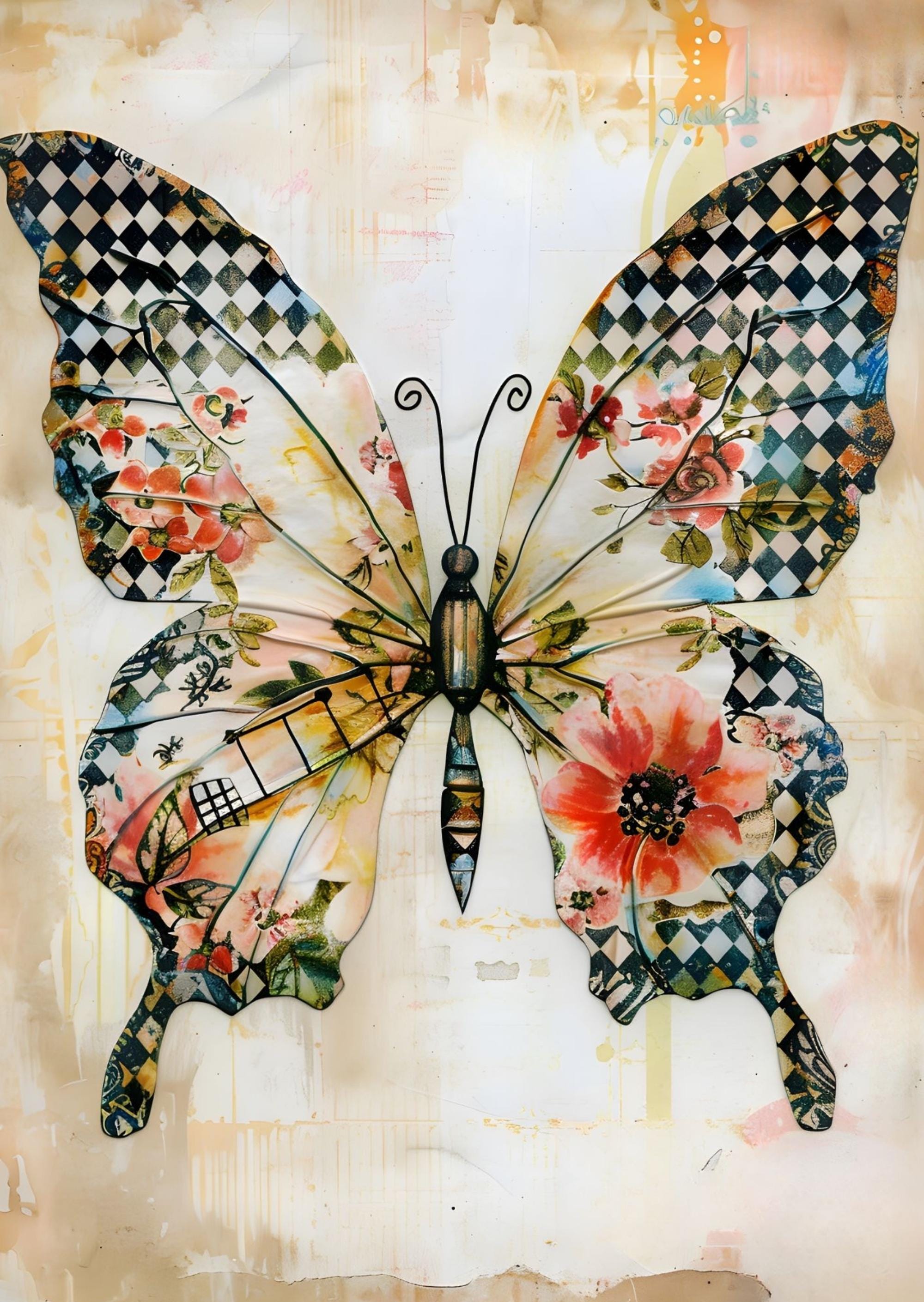 Butterfly Rice Paper: A4 Floral Checkered Design for Decoupage - Etsy