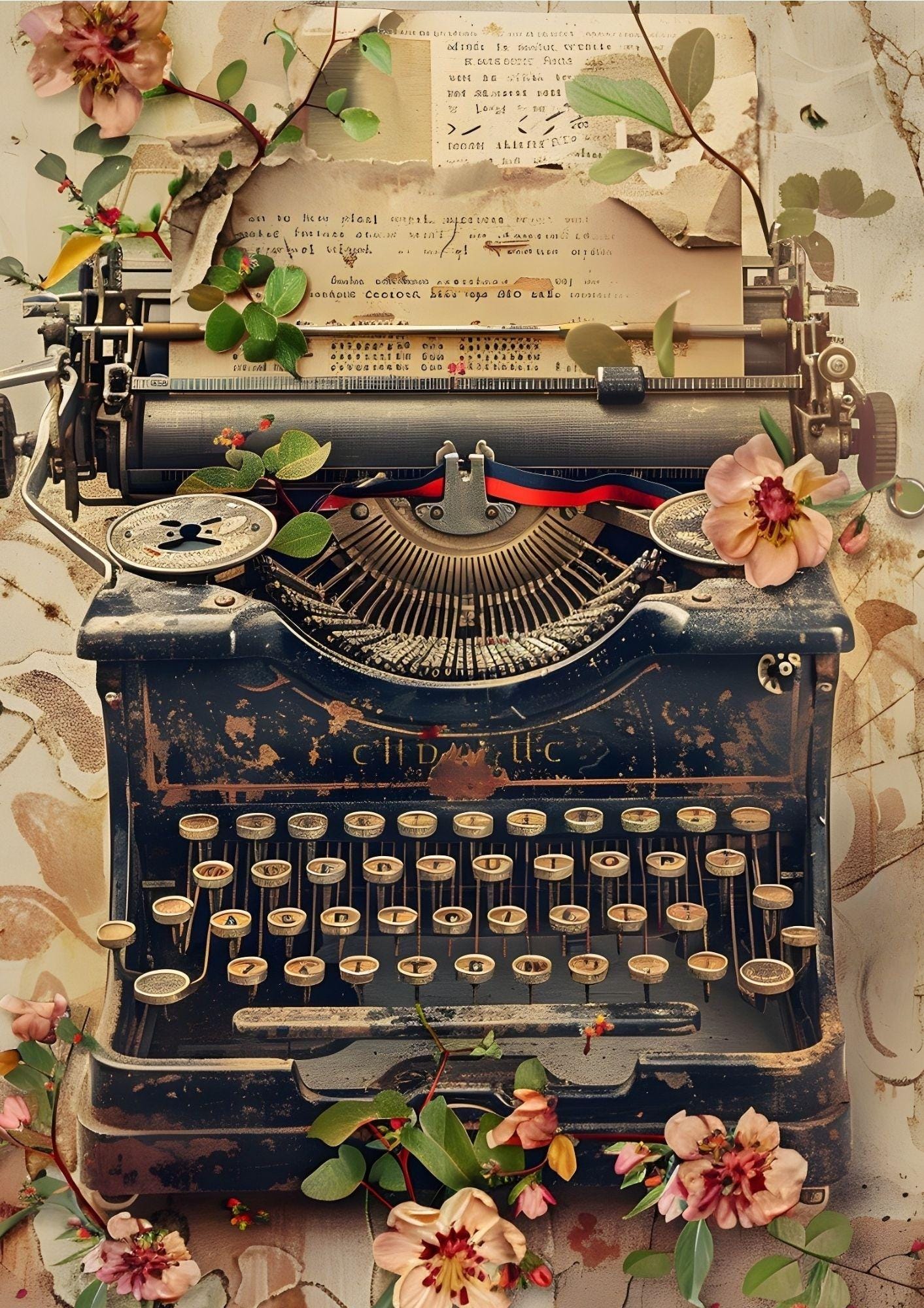 Vintage Typewriter Rice Paper: Floral Decoupage Paper A4 - Etsy