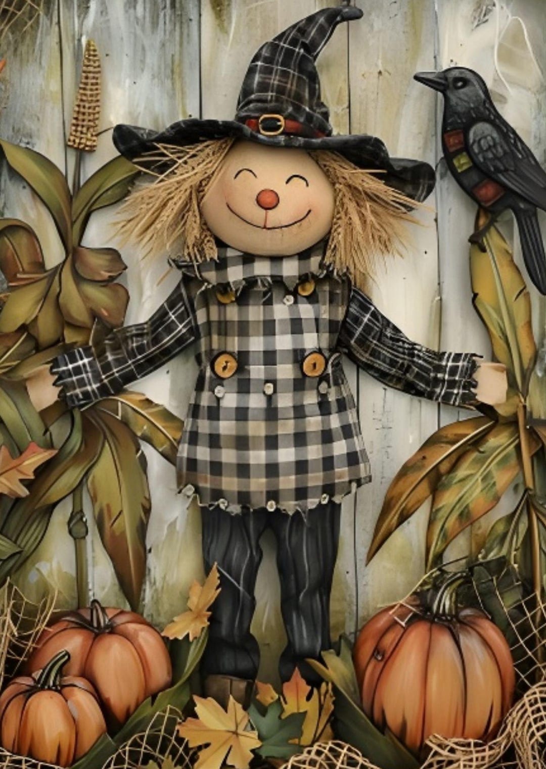 Decoupage Rice Paper Scarecrow Pumpkin and Crow Black Gingham Check ...