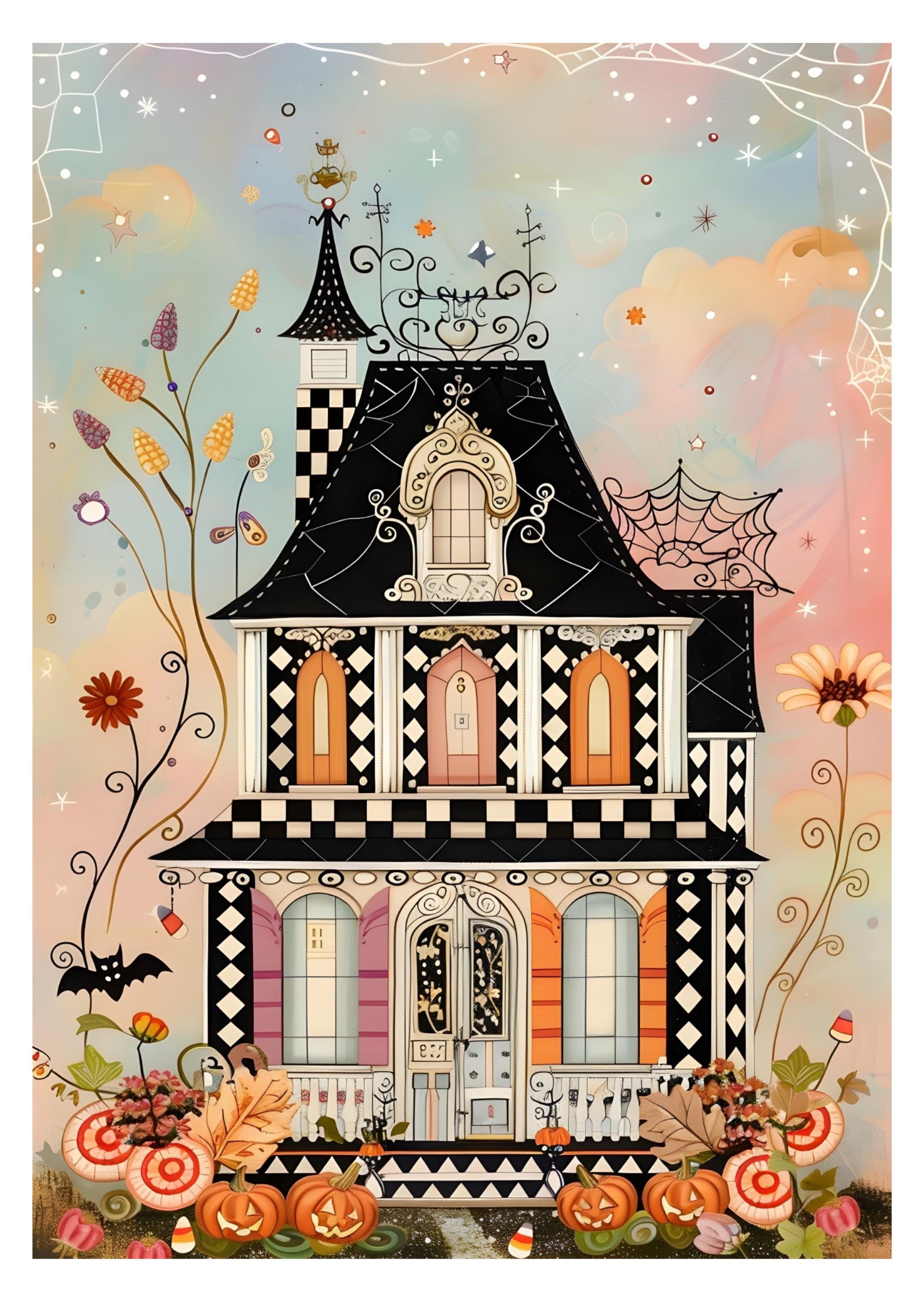 Halloween Checkered Victorian Cottage Rice Paper for Decoupage A4 Sheet ...