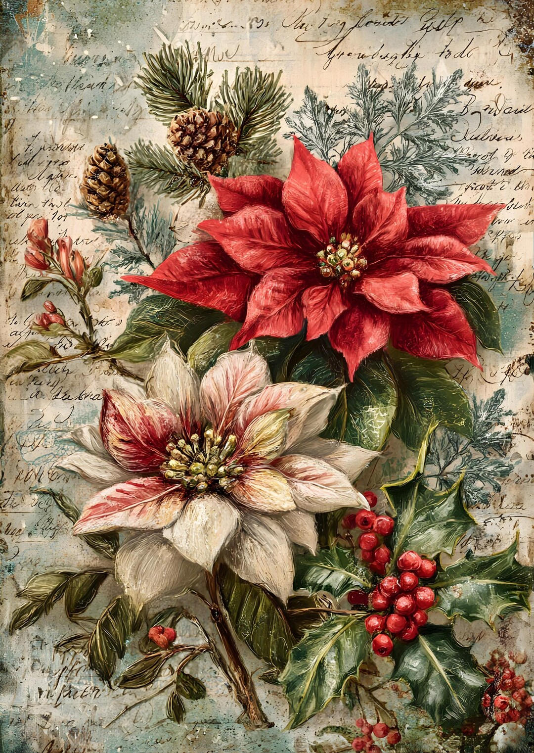 Christmas Poinsettia Flowers Rice Paper, Holly, Pinecone Vintage ...